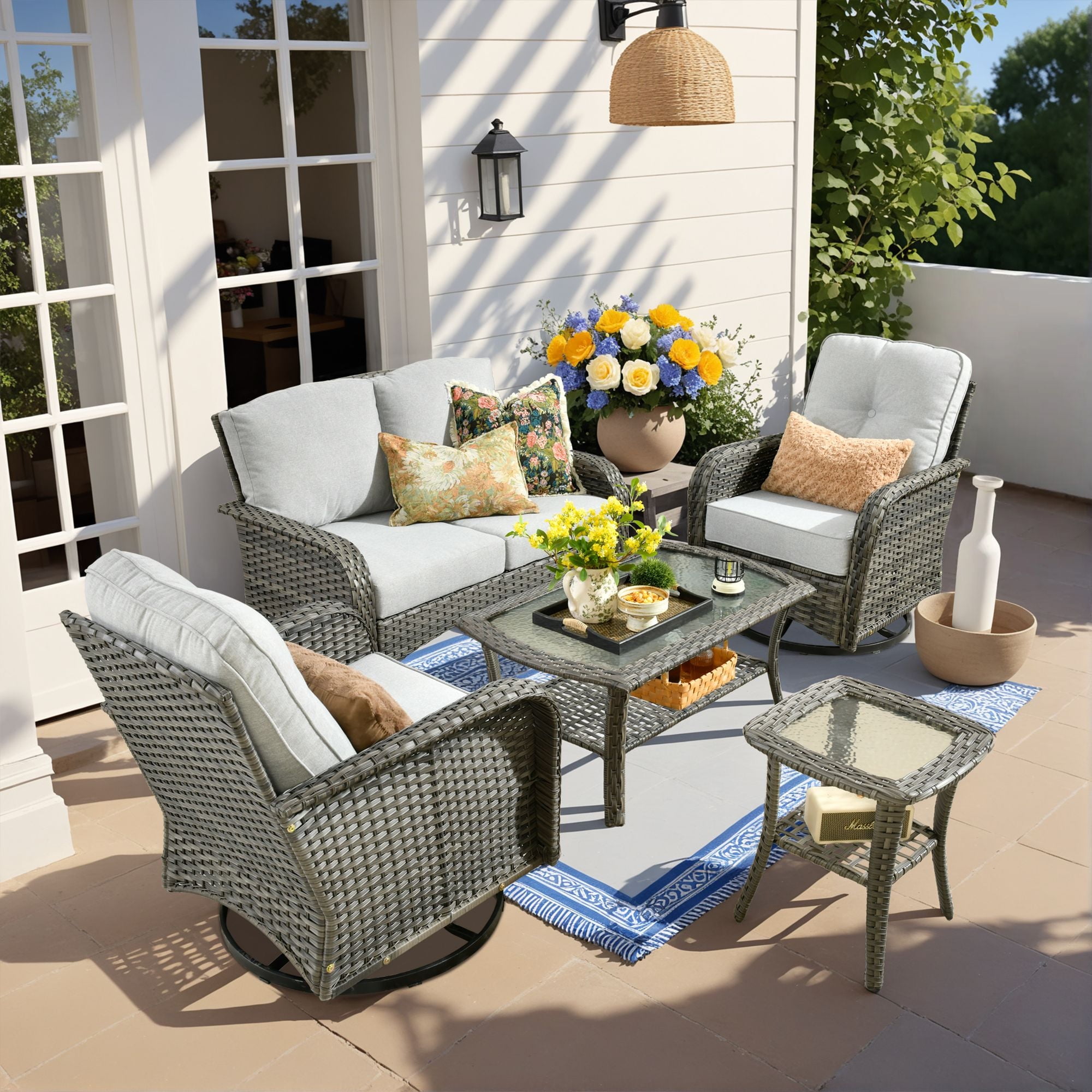 Vcatnet 5 Pieces Outdoor Conversation Set with Swivel Rocking Chairs ...