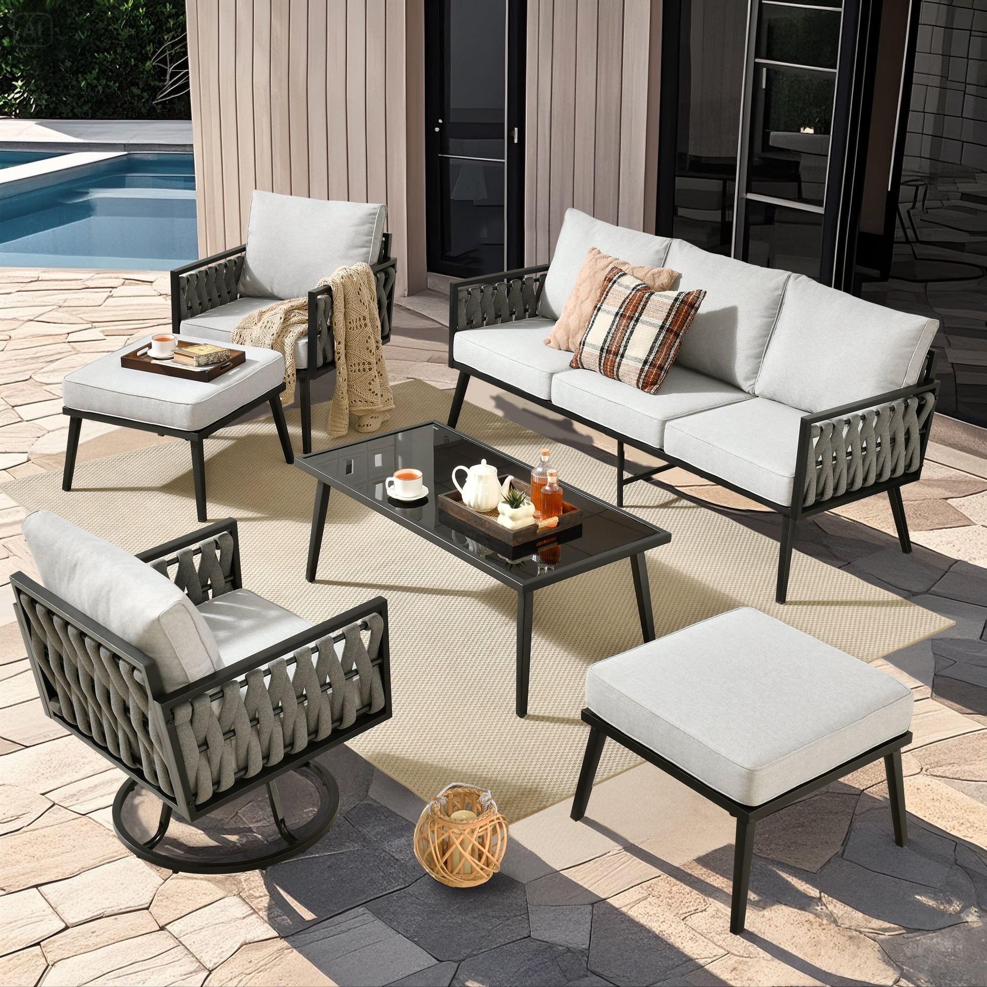 Vcatnet 6 Pieces Aluminum Patio Furniture Set with Swivel Chair, Modern ...