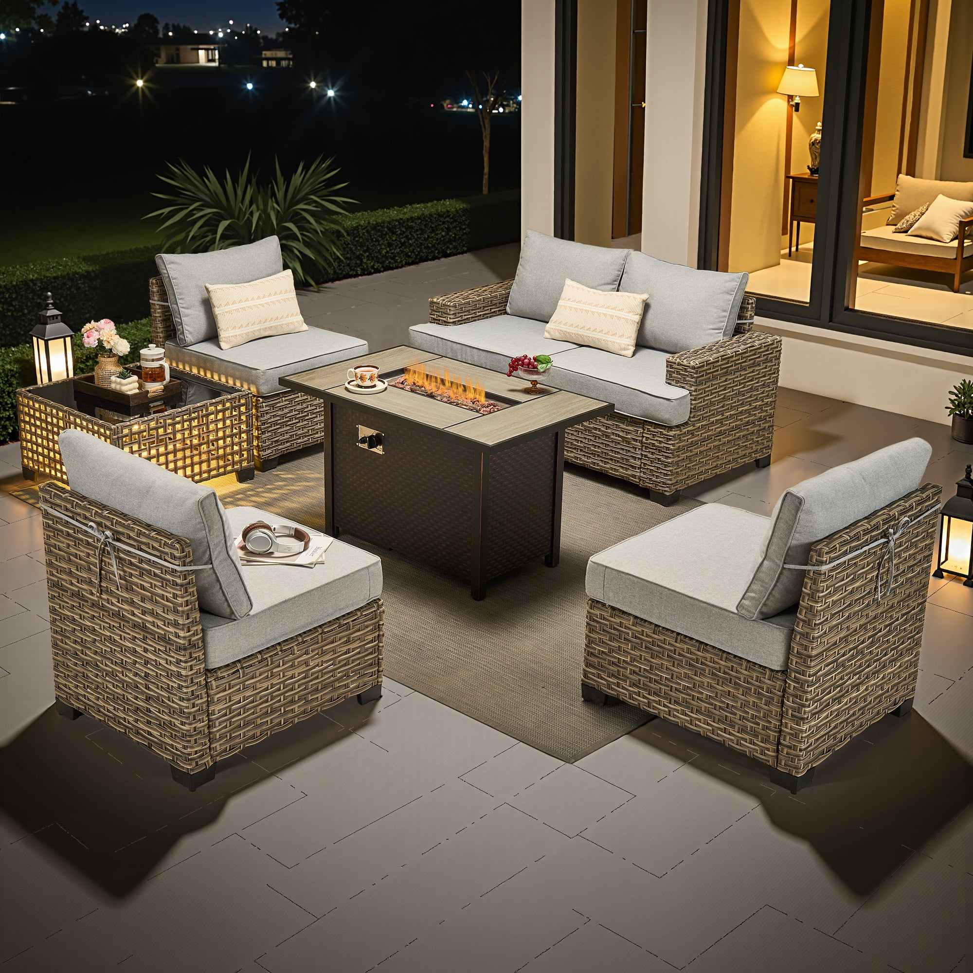 Vcatnet Outdoor Patio Furniture with Fire Pit, 7 Pieces Sectional Sofa ...