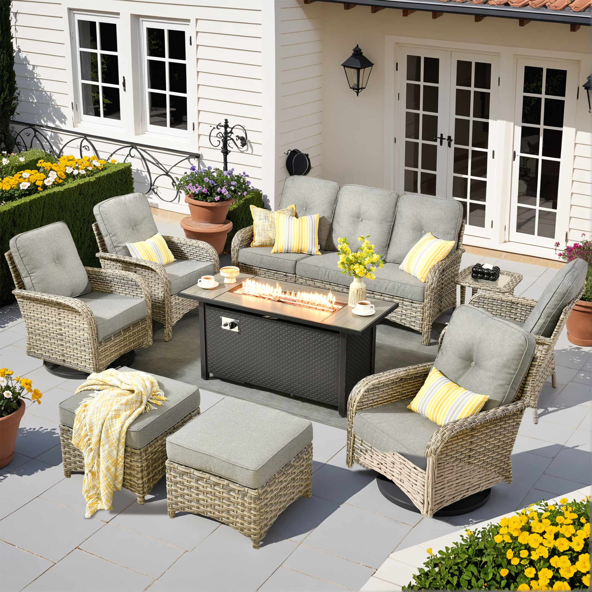 Vcatnet 9 Pieces Patio Outdoor Conversation Set with Fire Pit High Back ...