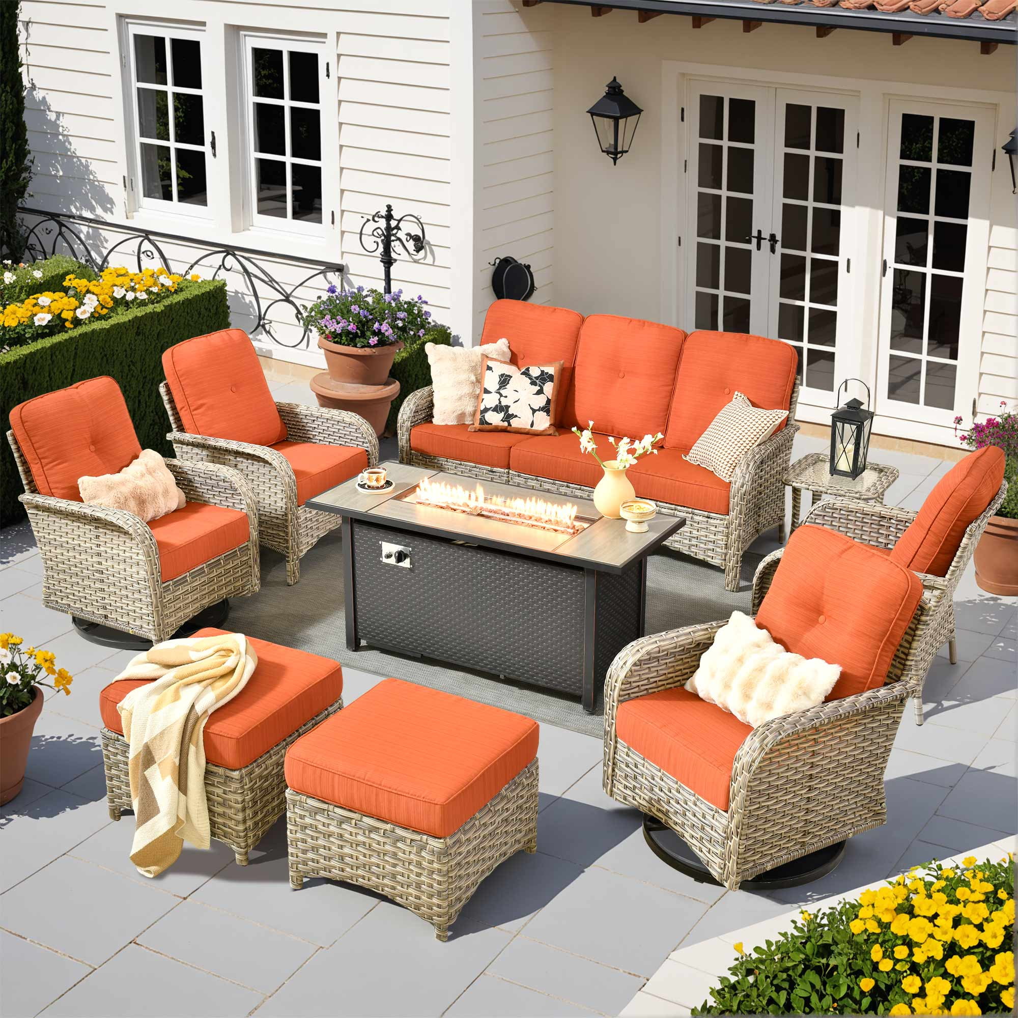 Vcatnet 9 Pieces Patio Outdoor Conversation Set with Fire Pit High Back ...
