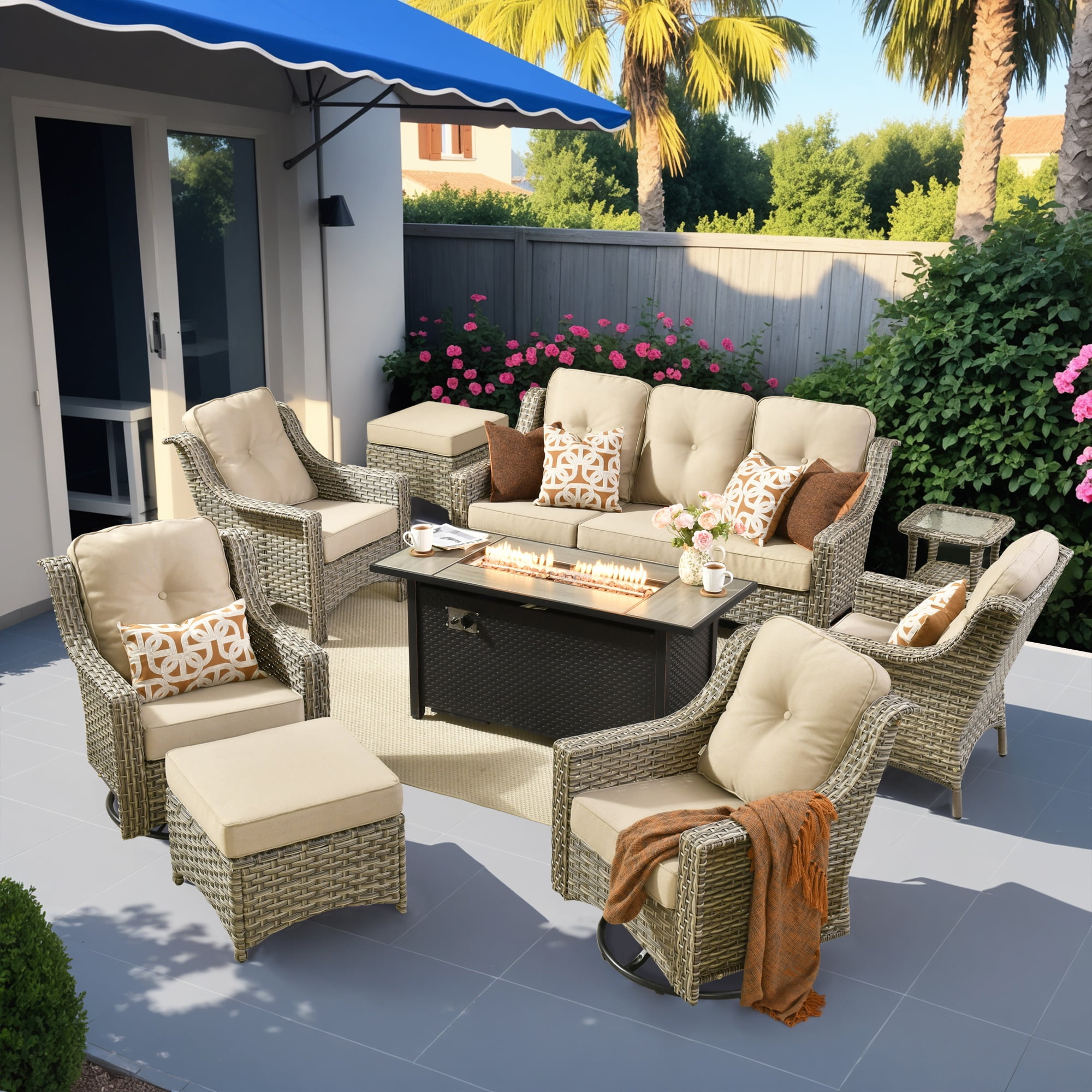 Vcatnet 9 Pieces Patio Outdoor Conversation Set with Fire Pit Table All ...