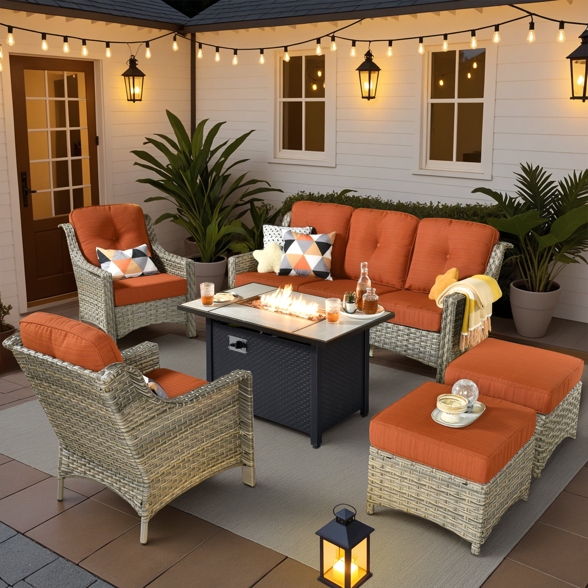 Vcatnet Outdoor Patio Sectional Sofa with Fire Pit 6 Pieces All Weather ...