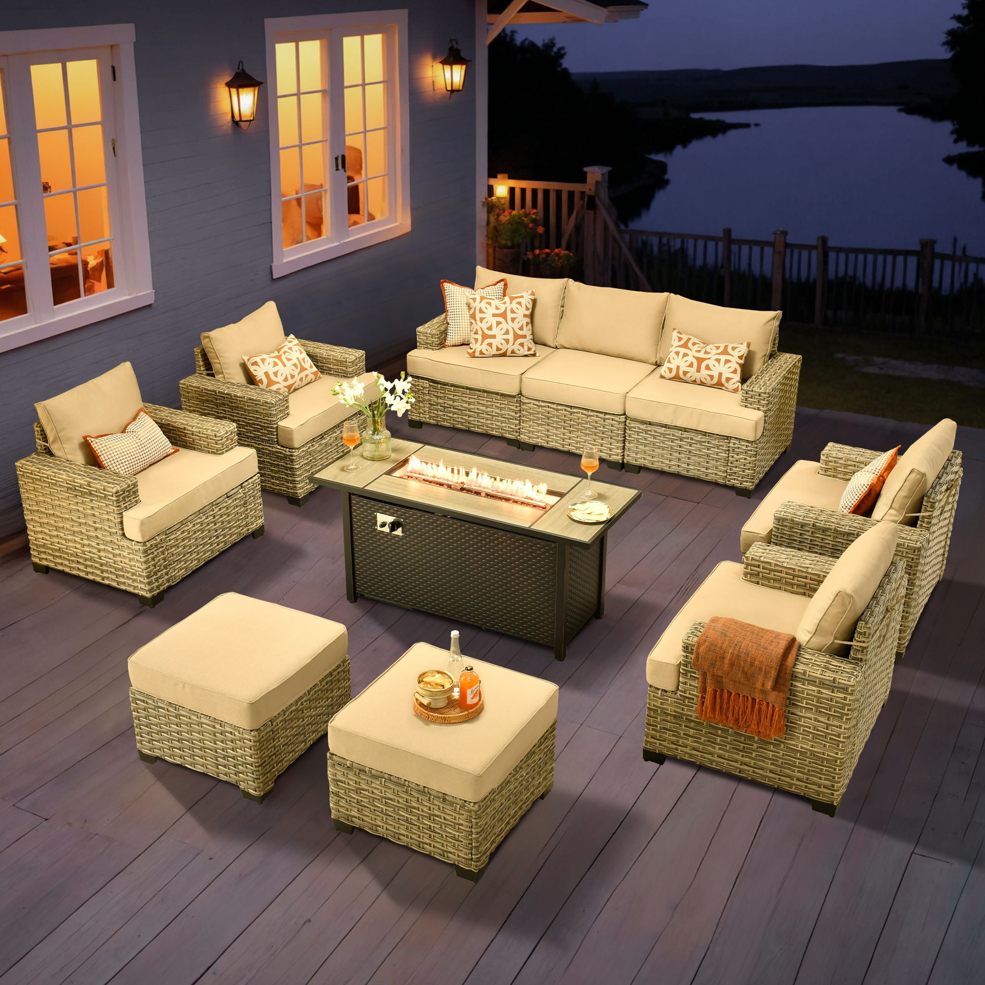 Vcatnet Outdoor Patio Furniture Sets with 54" Fire Pit Table 10 Pieces ...