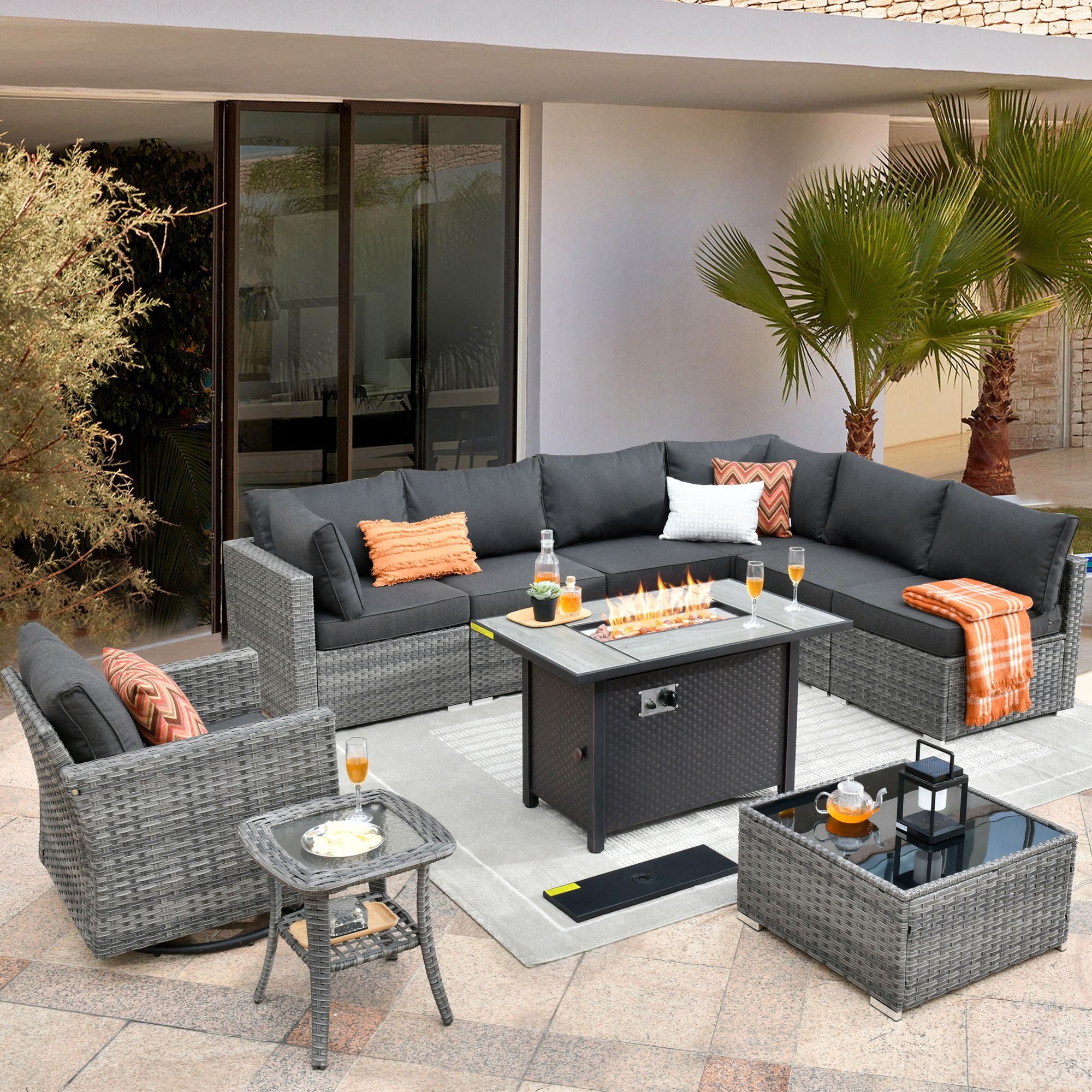 Vcatnet Patio Furniture Sets with Fire Pit 10 Pieces Sectional Sofa All ...