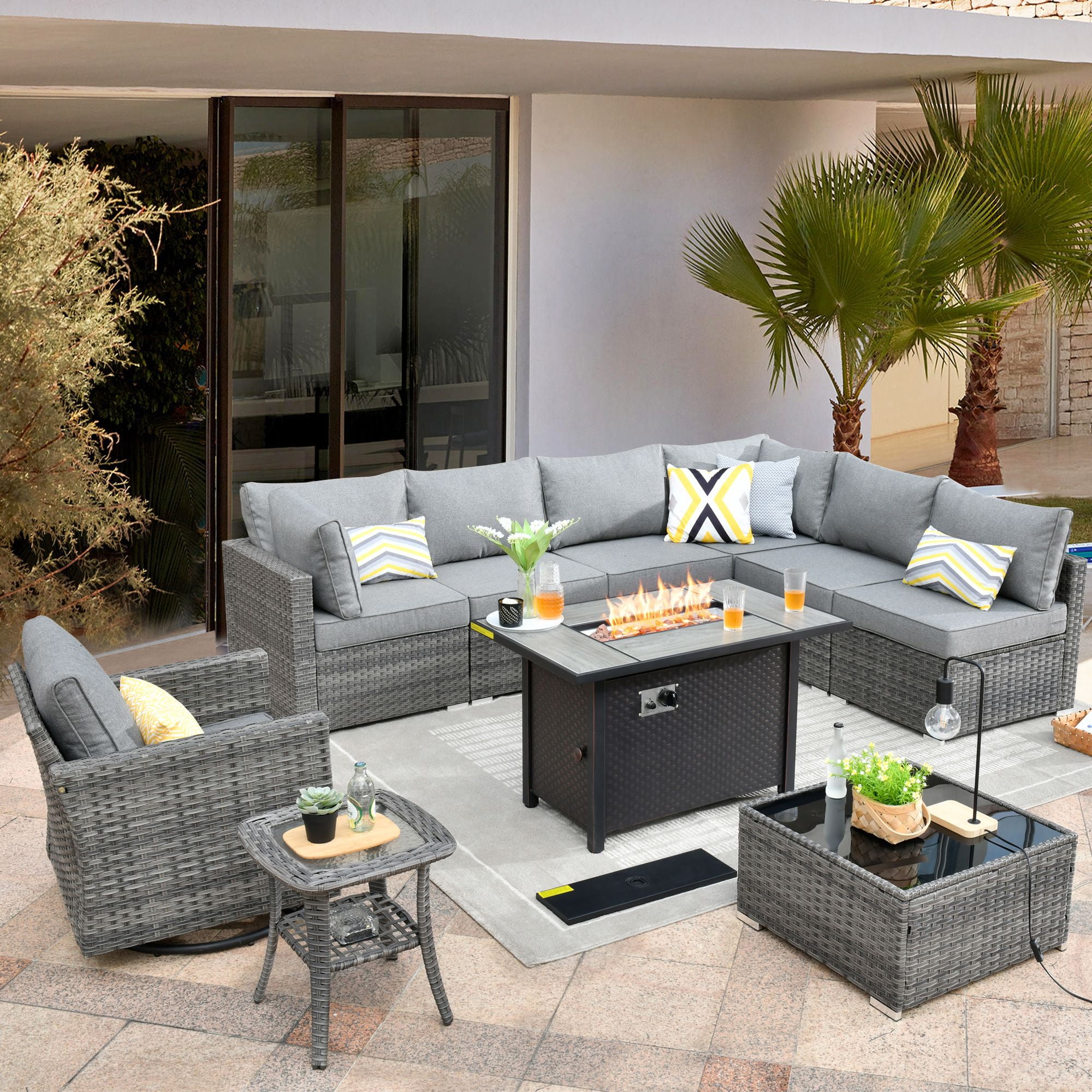 Vcatnet Patio Furniture Sets with Fire Pit 10 Pieces Sectional Sofa All ...