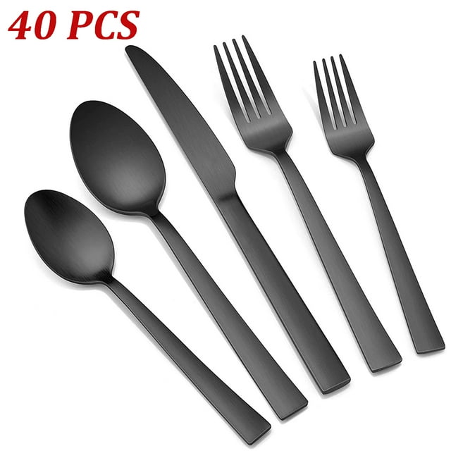 VeSteel 40-Piece Matte Black Silverware Set, Stainless Steel Flatware Set Service for 8, Metal ...