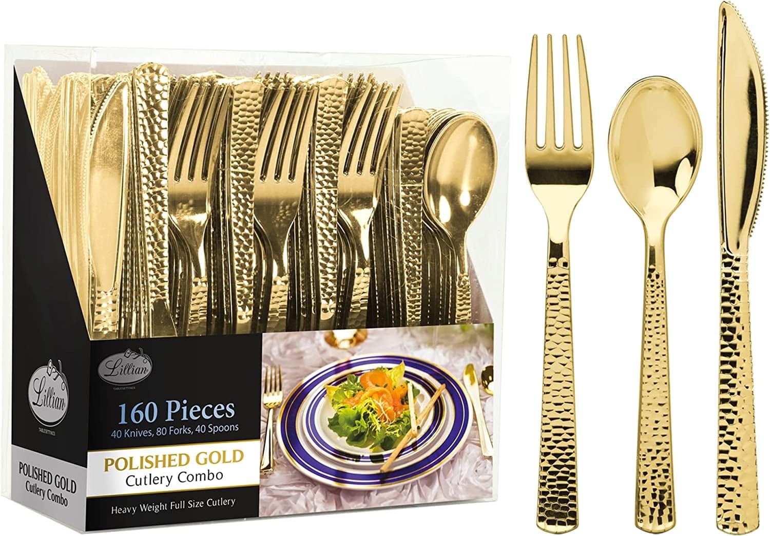 VeZee 160 Pcs Disposable Extra Heavyweight Gold Plastic Tableware ...