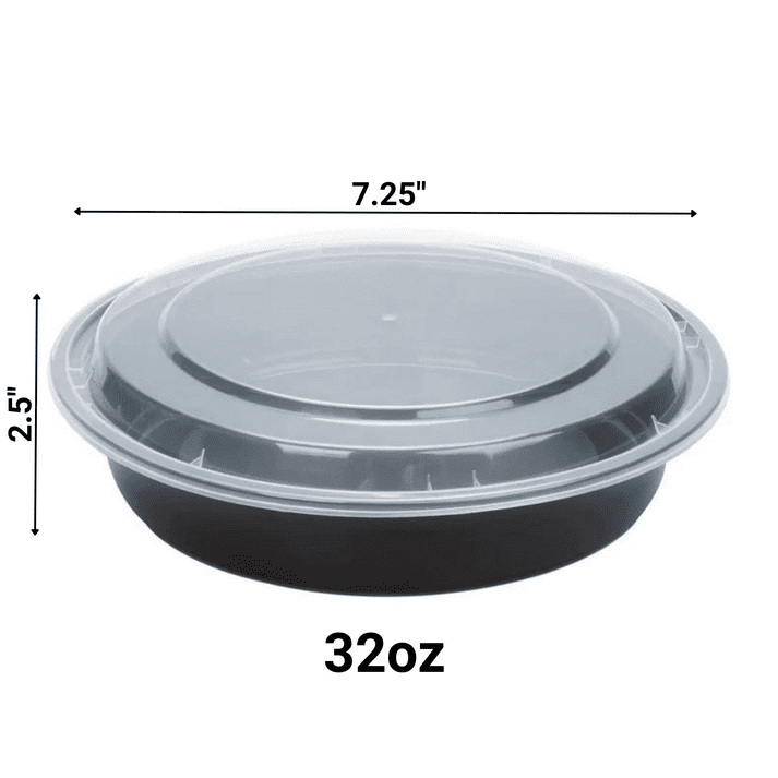 VeZee 32oz Black Round Meal Prep Containers with Clear Lids - Microwave ...