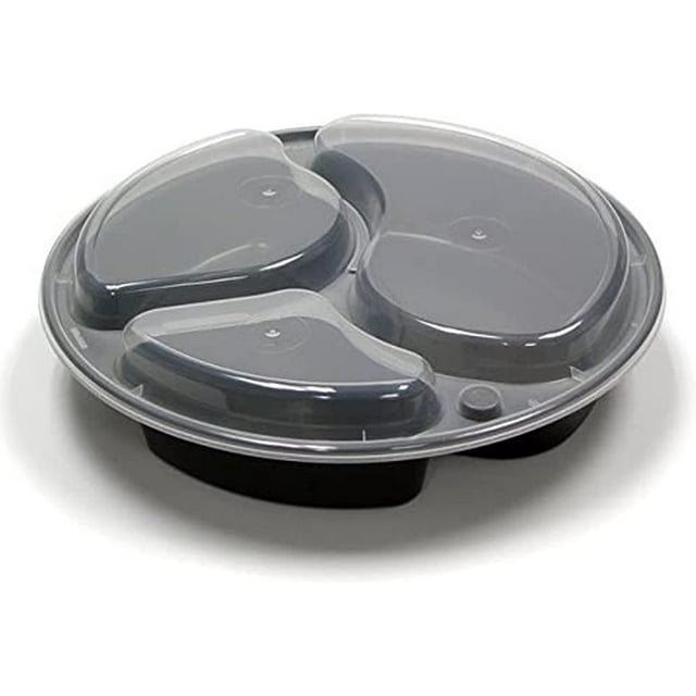 VeZee 48 oz. Black Round 3 Compartments Plastic Meal Prep Containers ...