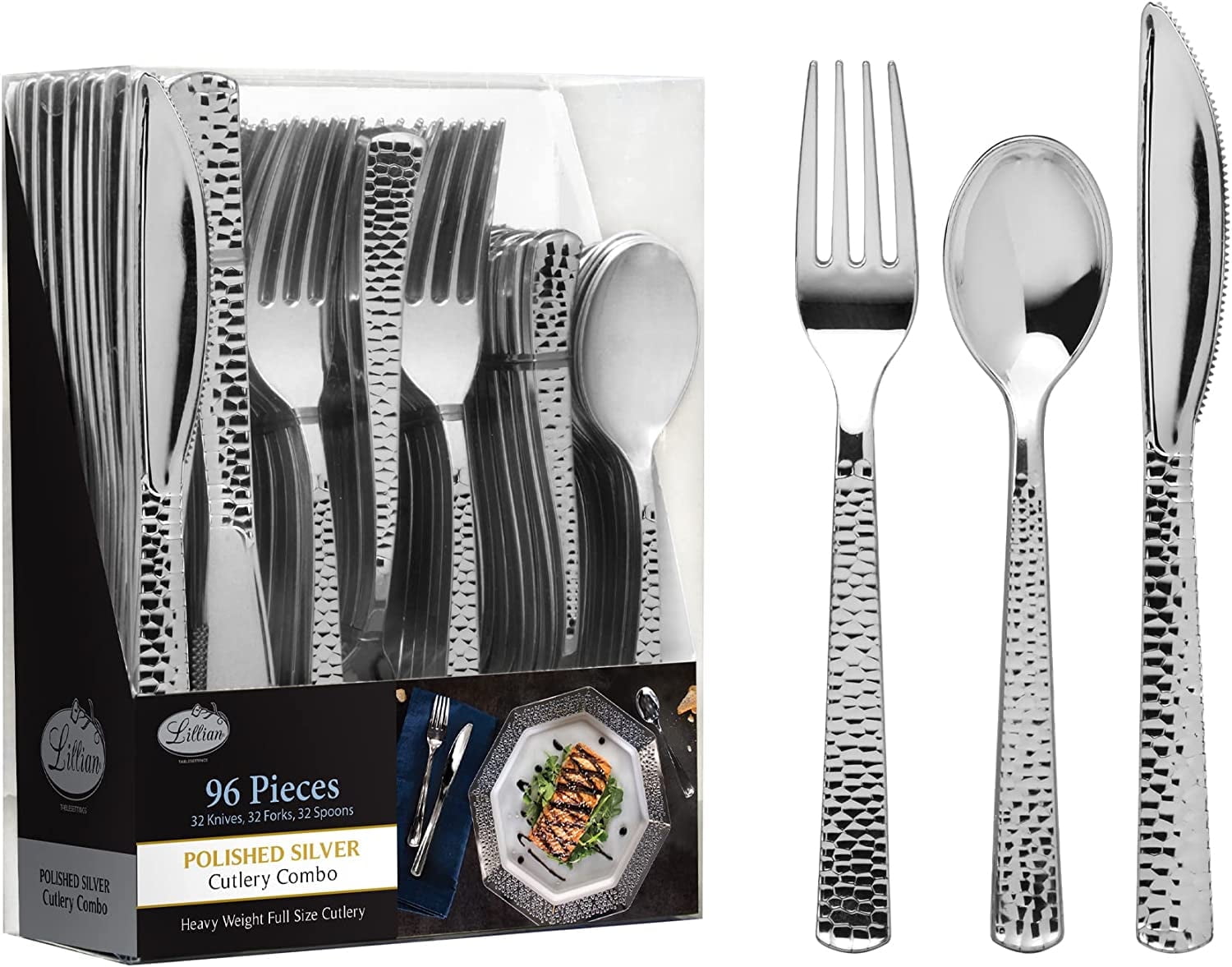 VeZee 576 Pcs Disposable Extra Heavyweight Silver Plastic Silverware ...
