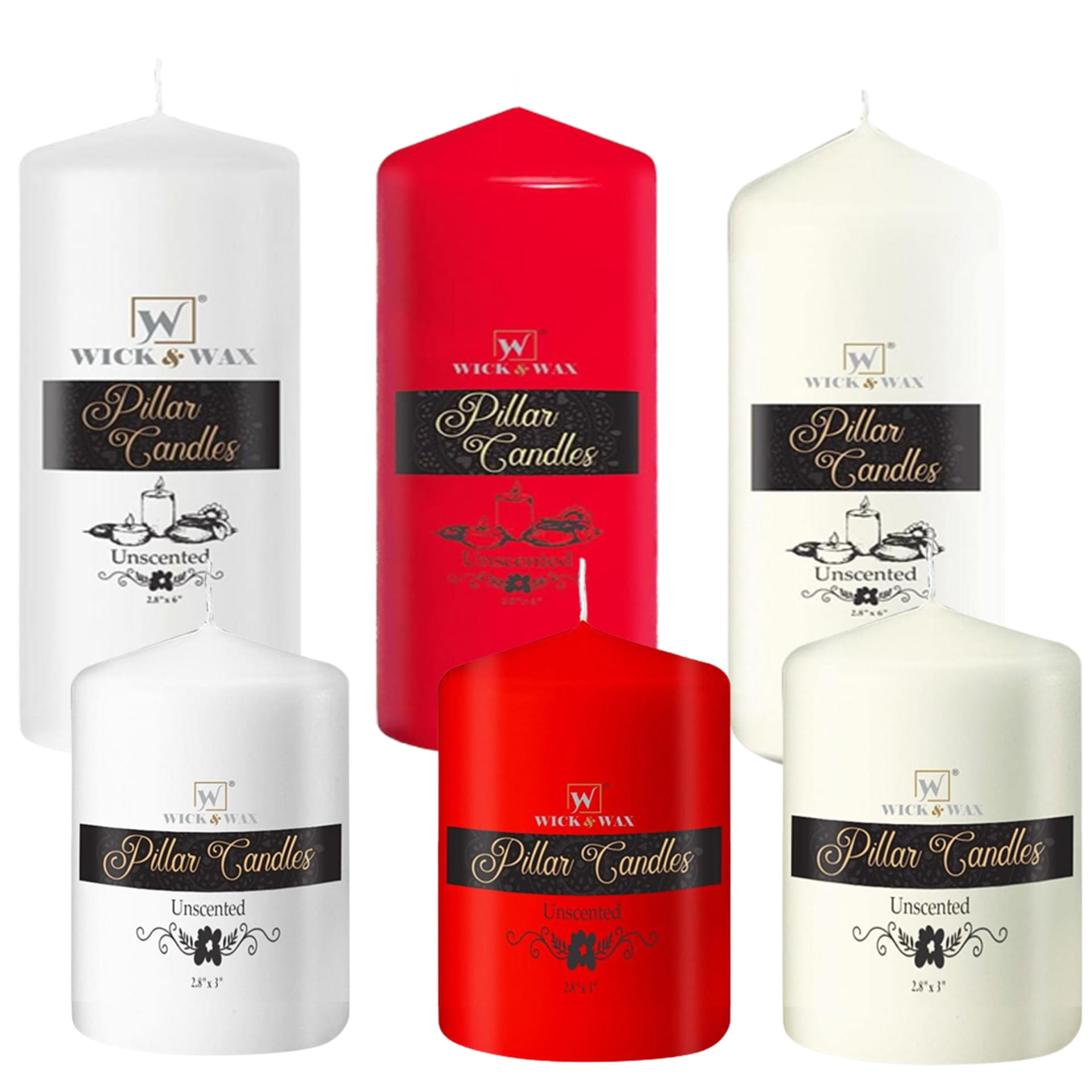 VeZee PILLAR CANDLE COMBO:6 Red, Ivory & White Unscented Wax Cadles:3-2 ...