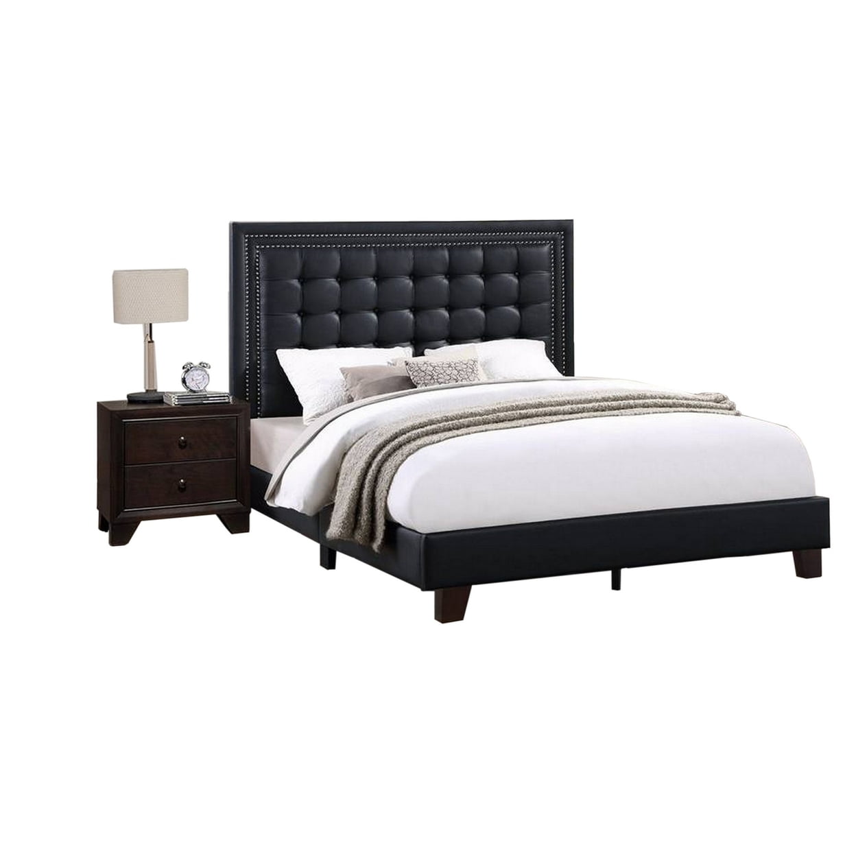 Vea Modern Platform Queen Bed Deep Tufted Upholstery Black Faux Leather - Walmart.com