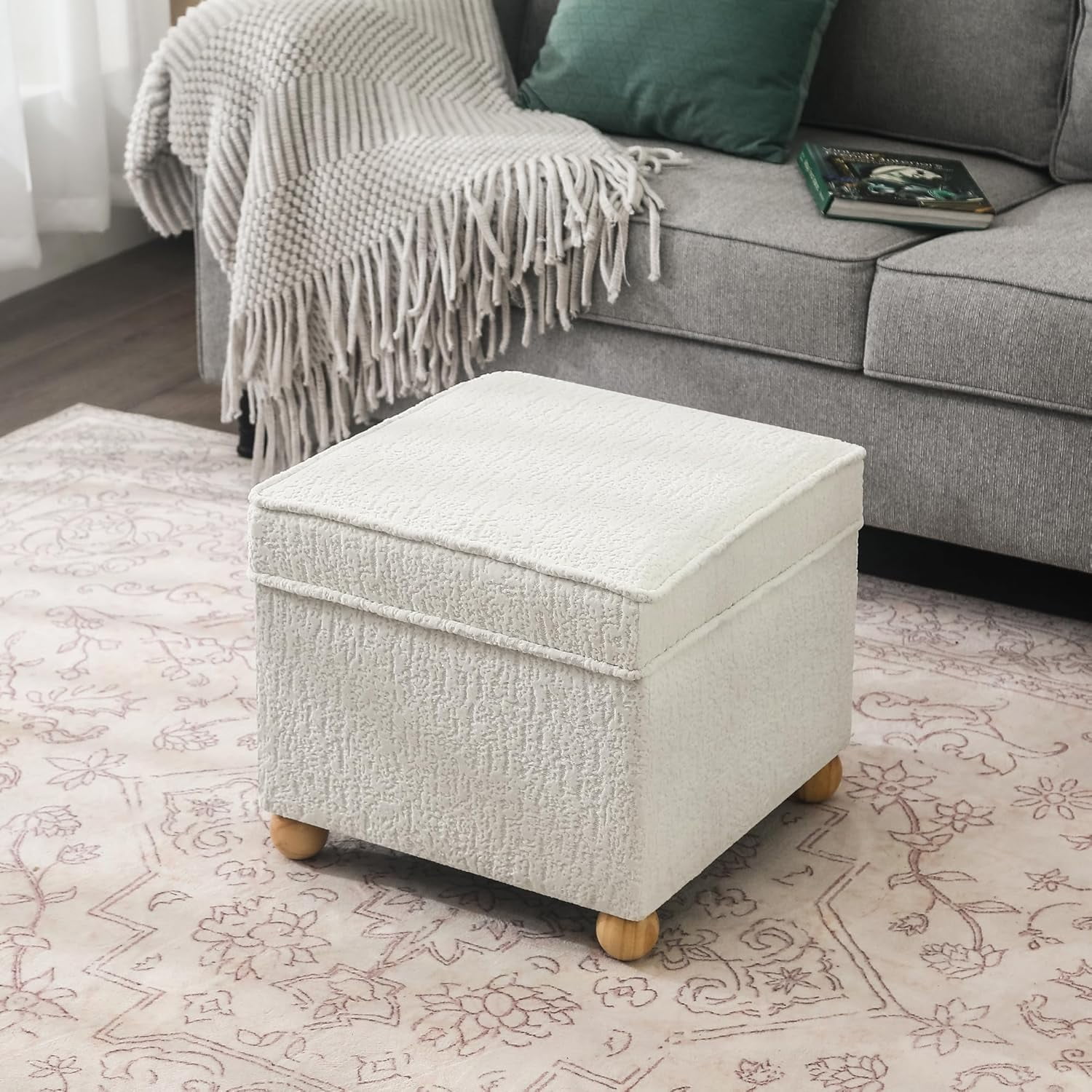 Veado 17 Inch High Faux Fur White Cube Ottoman Storage, 3D Embossed ...