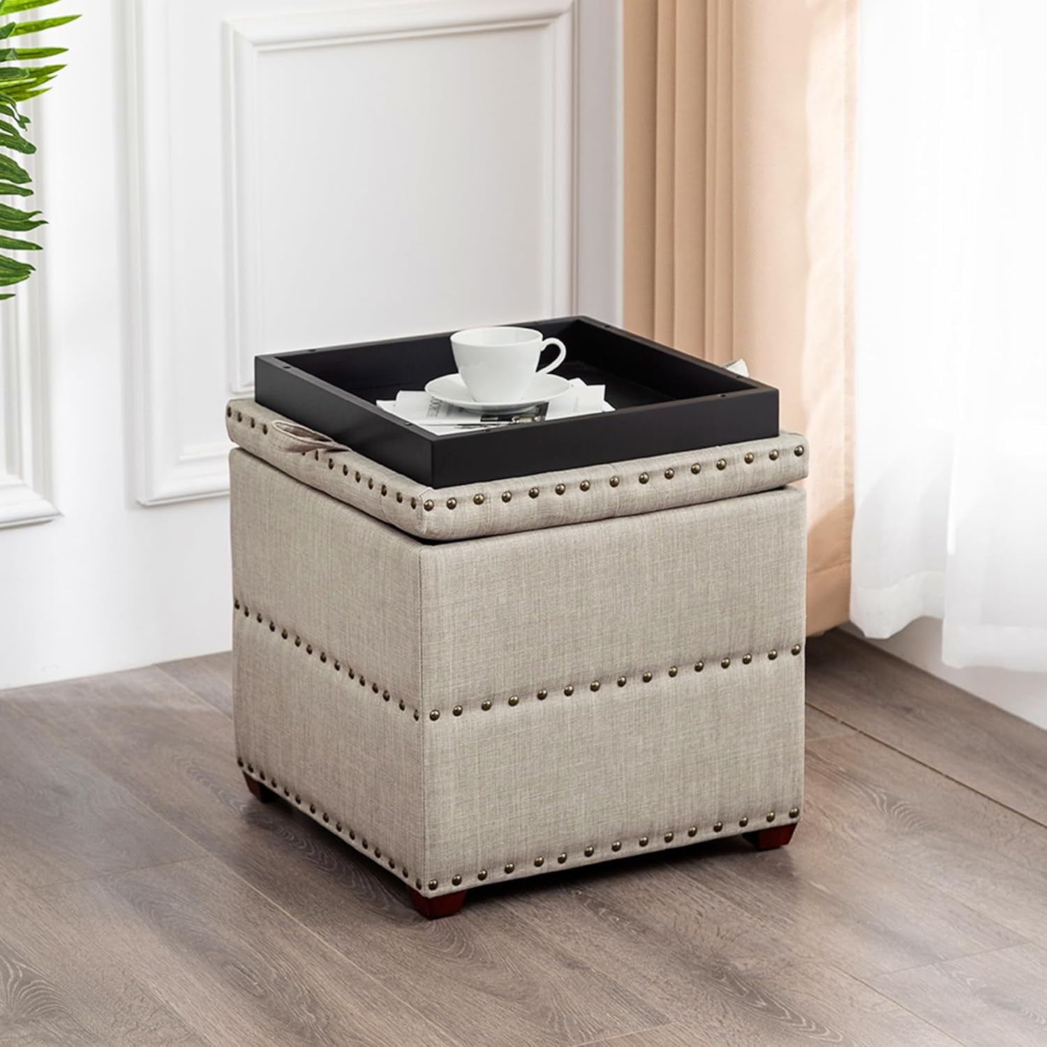 Veado 18 Inch High Cube Ottoman Storage, Linen Beige Chair Foot Stools ...
