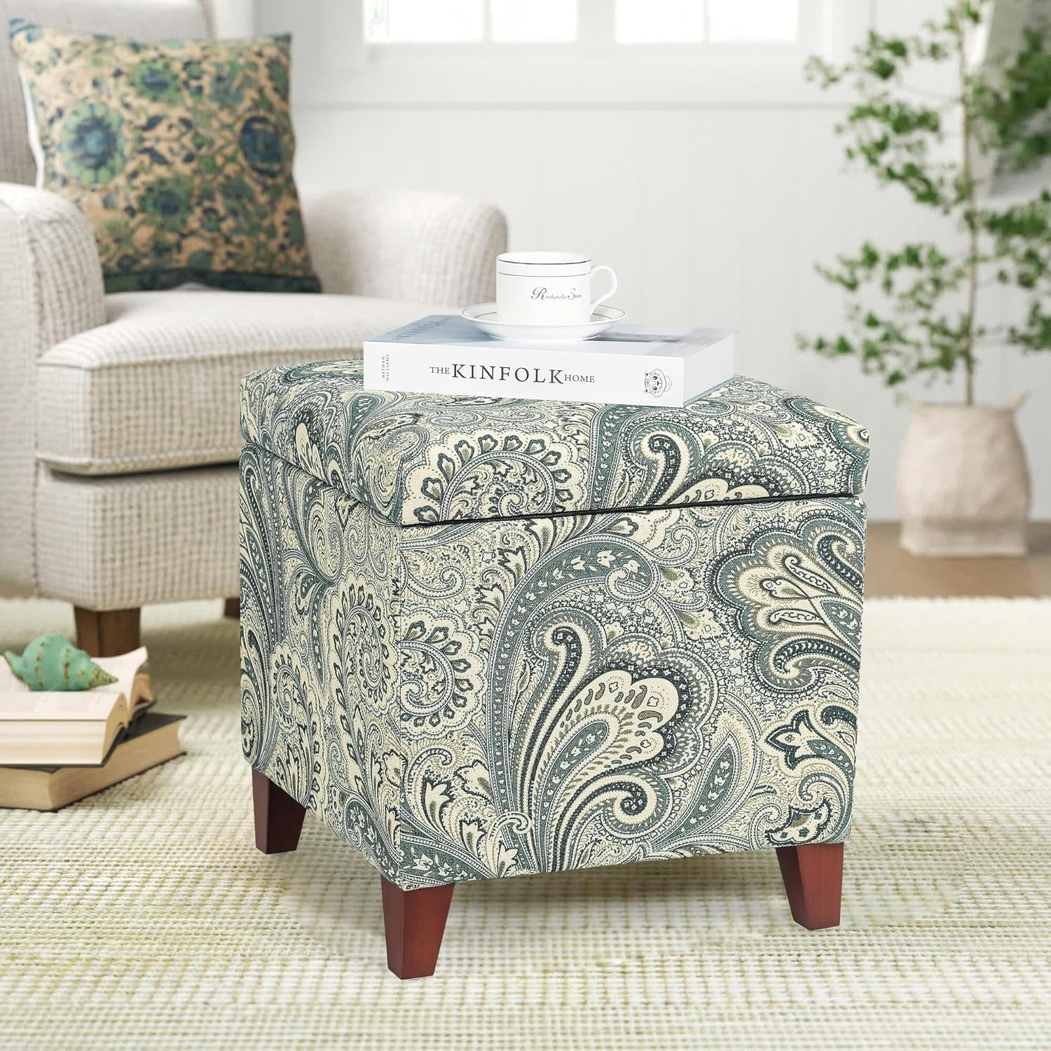 Veado 18 Inch High Cube Ottoman Storage, Paisley Linen Chair Foot ...