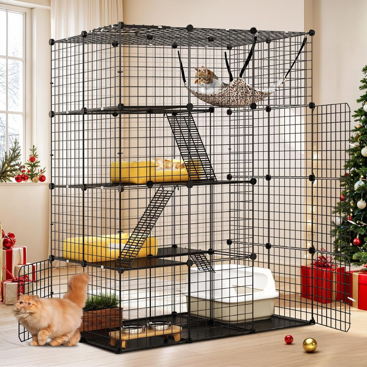 Veado 4-Tier Indoor Cat Enclosure with Hammock - Large Metal Wire ...