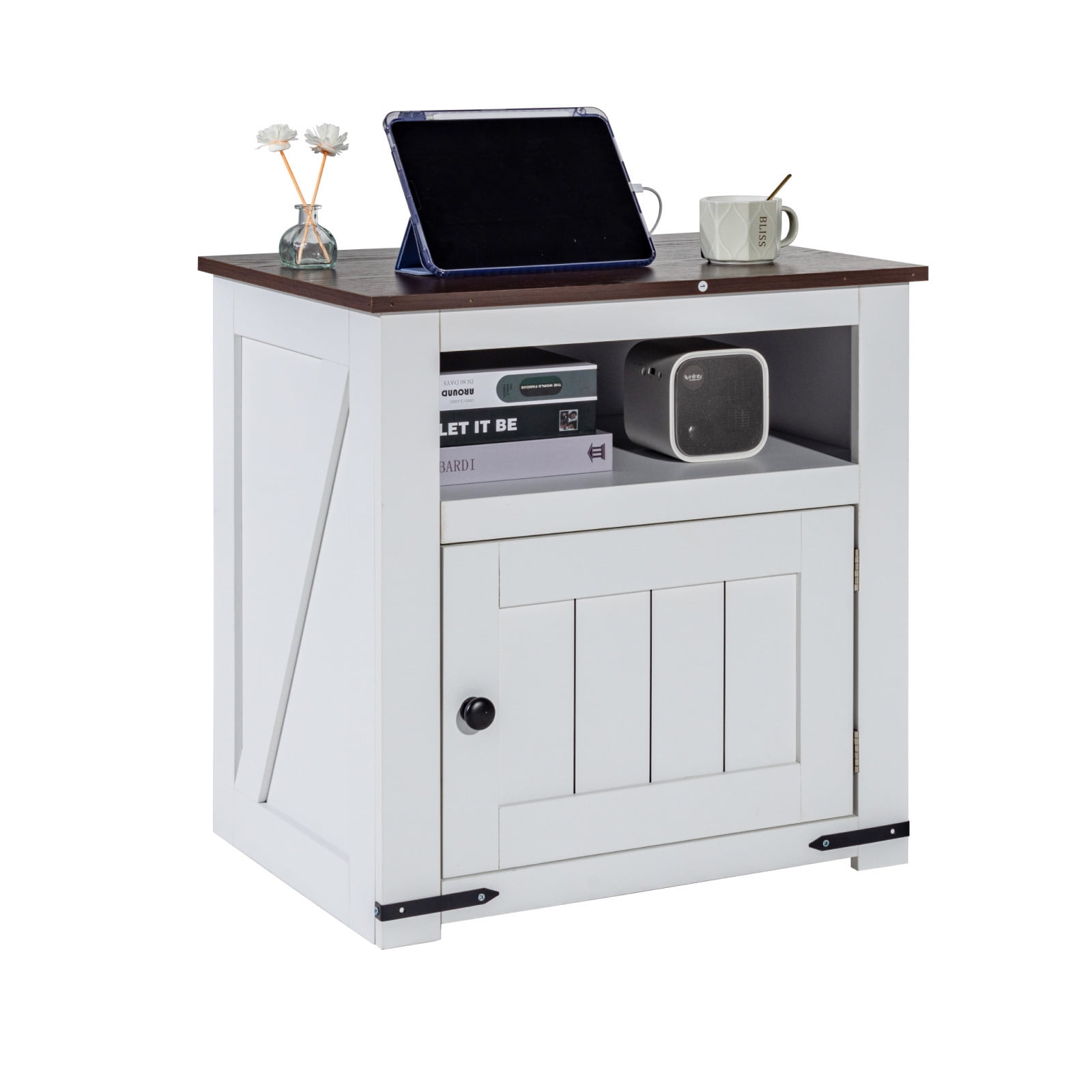 Veado Farmhouse End Table Square Night Stand with USB Ports and Outlets ...