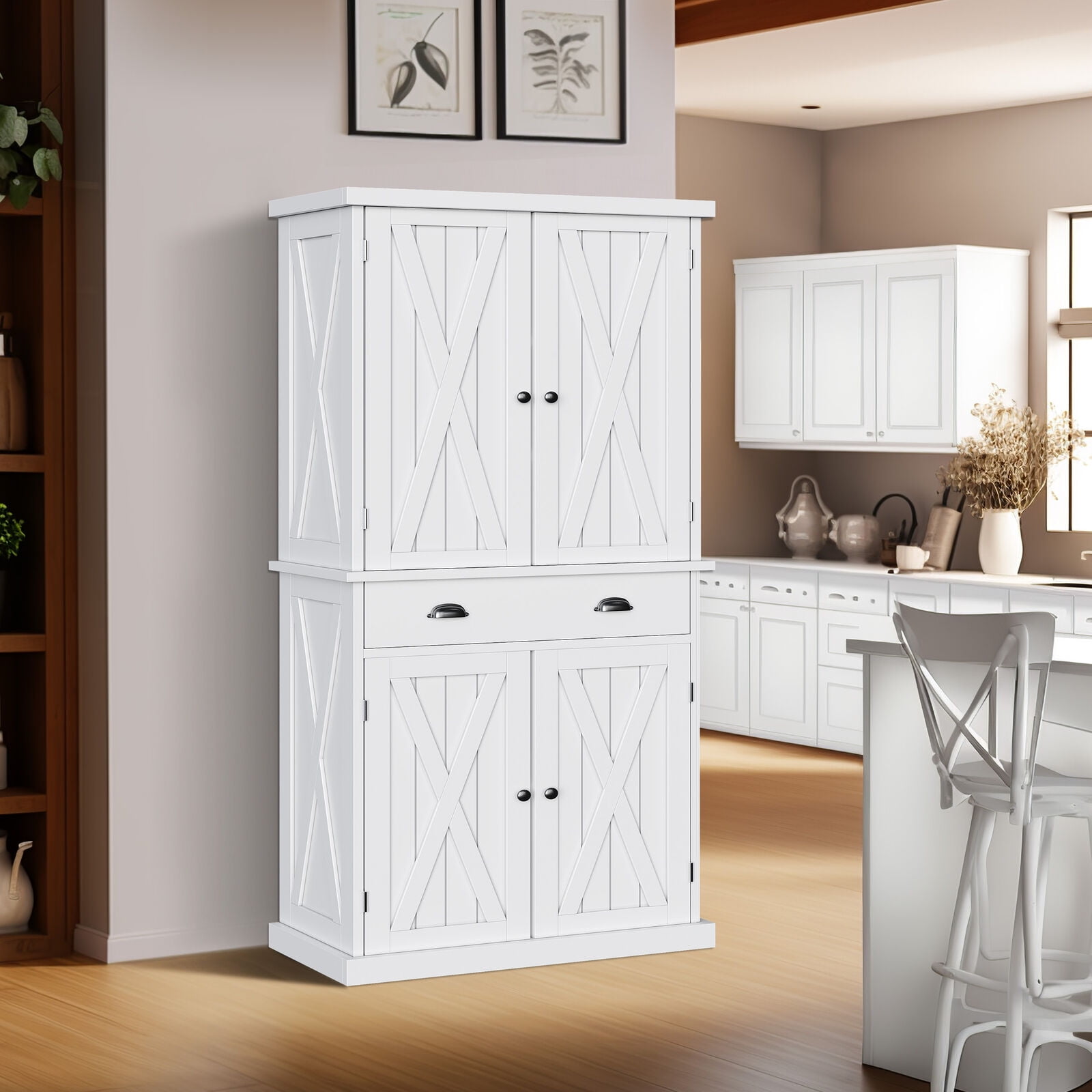 Veado Kitchen Pantry Storage Cabinet 72.6" H, with Barn Doors, Drawer ...