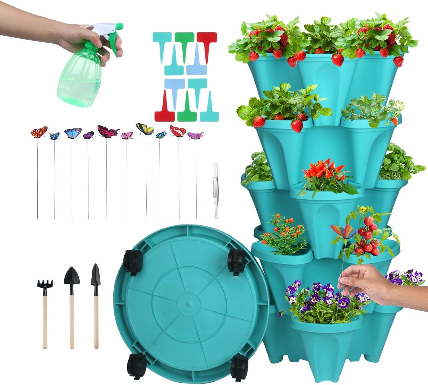Veado Stackable Planter, Teal, 6 Tier Garden Tower, Self Watering ...