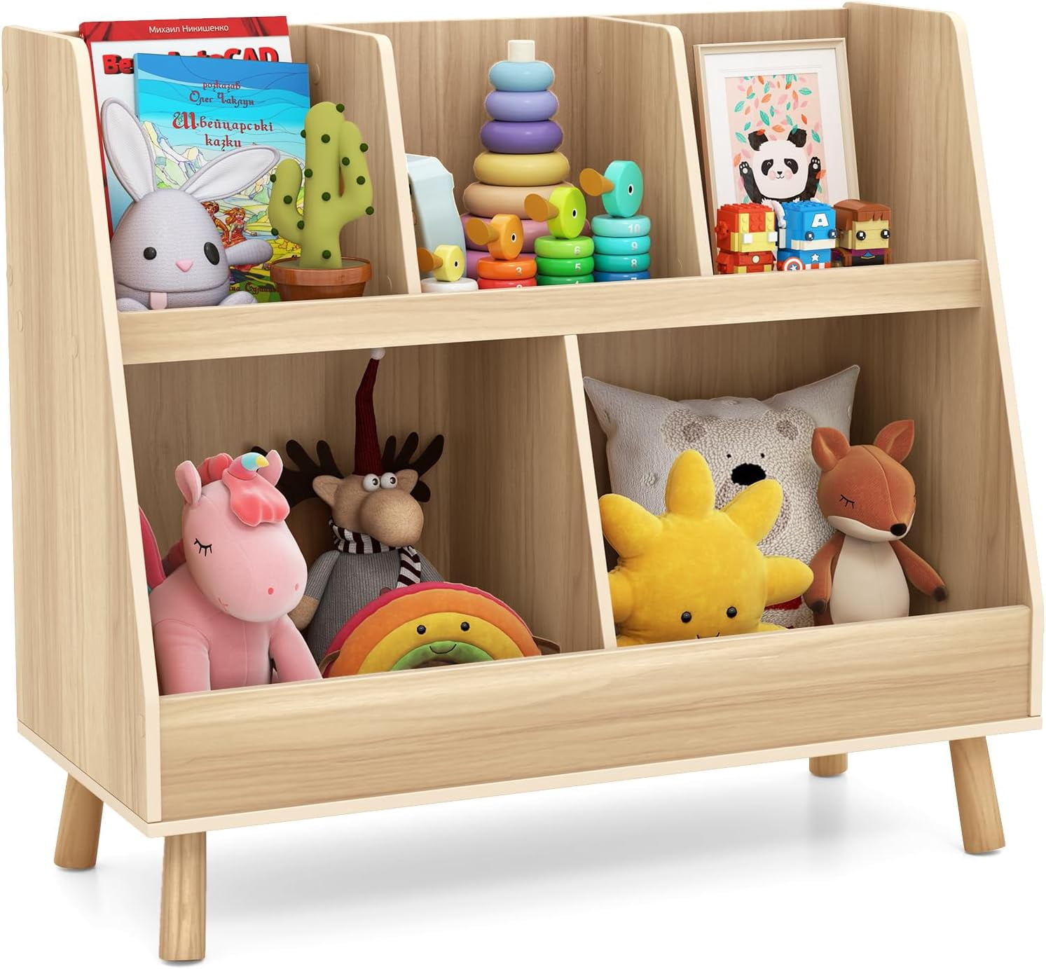 Veado Toy Storage Organizer with Bookcase, 5-Cubby Children Toy Storage ...