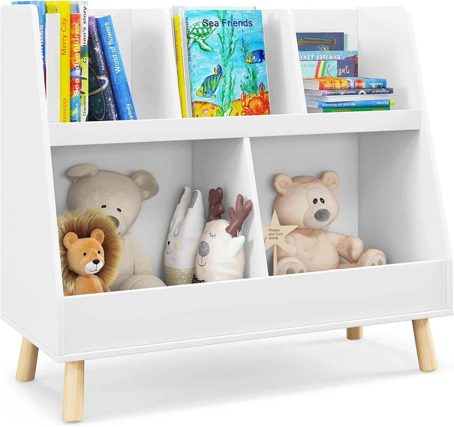 Veado Toy Storage Organizer with Bookcase, 5-Cubby Children Toy Storage ...