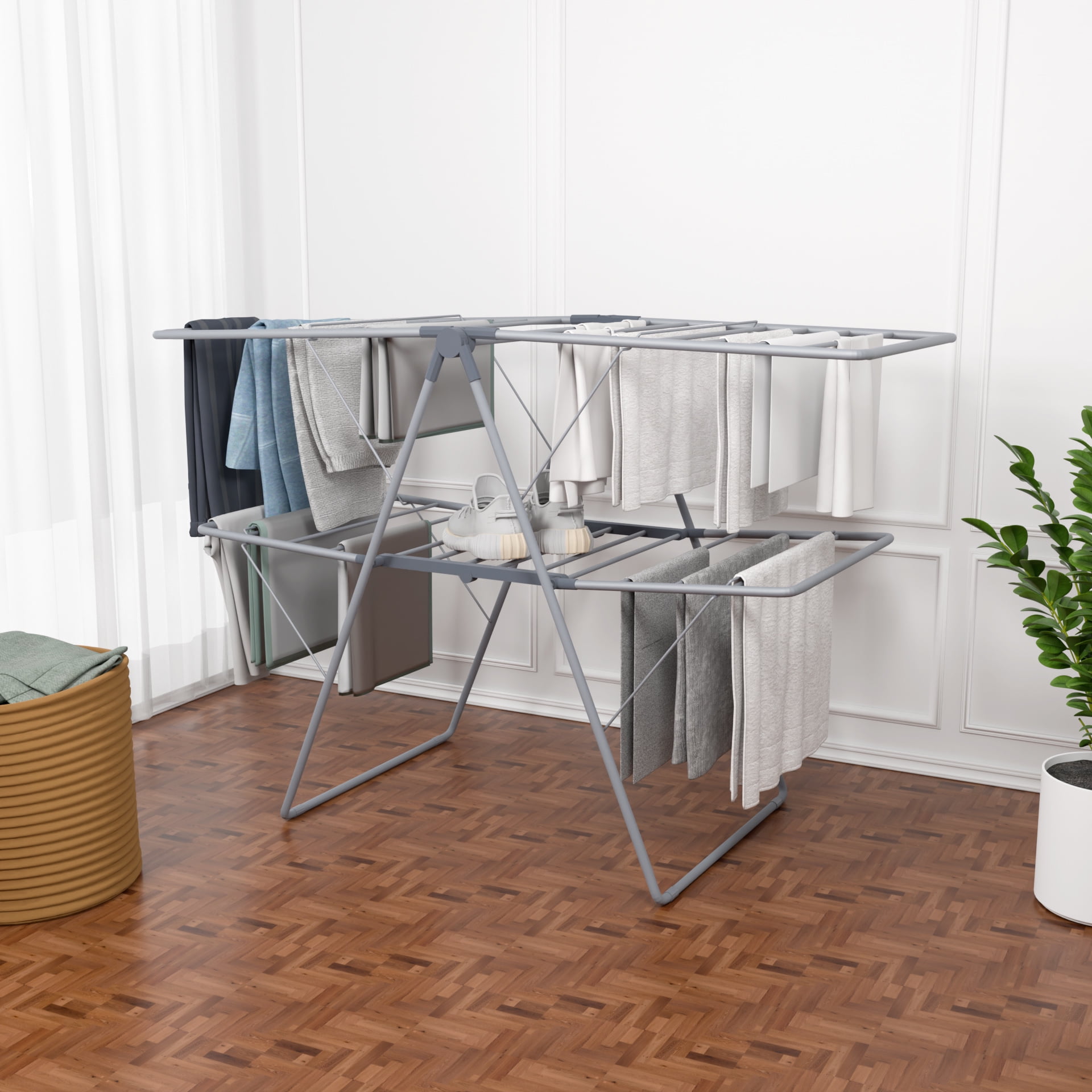 Veakar 2-Tier Collapsible Clothes Drying Rack Stainless Steel Indoor ...