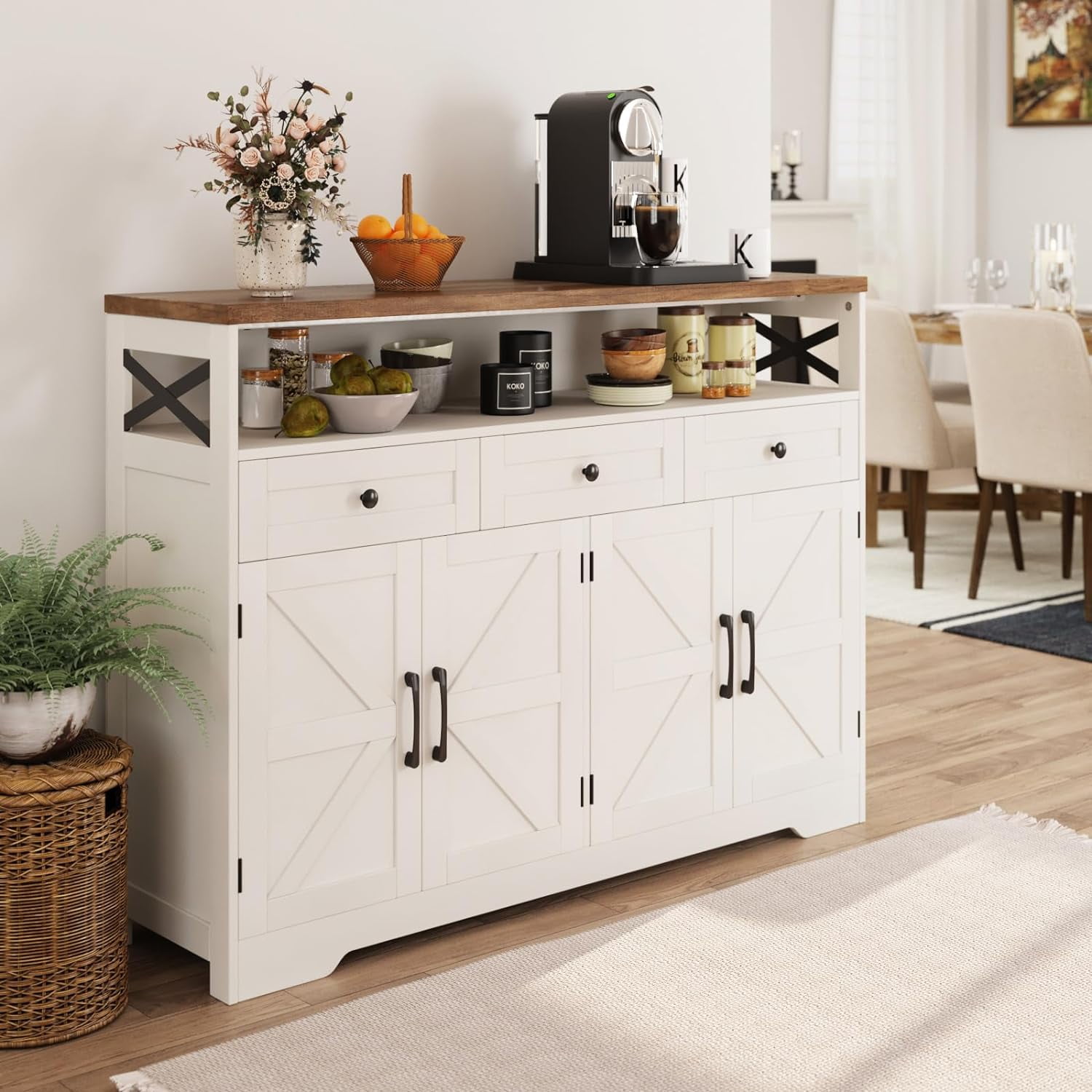 Veanerwood Farmhouse Buffet Cabinet with Drawers & Open Shelf ...