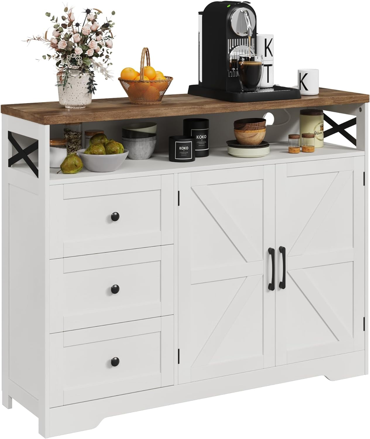 Veanerwood Farmhouse Buffet Cabinet with Drawers & Open Shelf ...