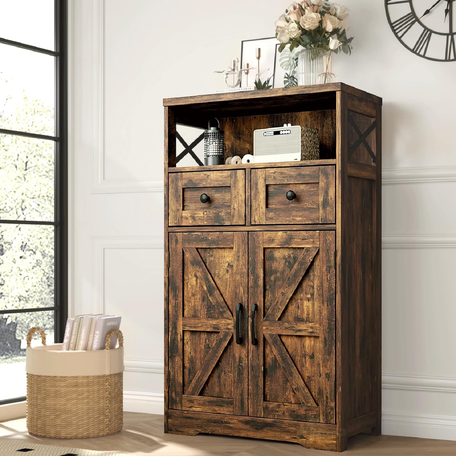 Hassch Rustic Storage Cabinet With Two Drawers And Four Classic Rattan ...