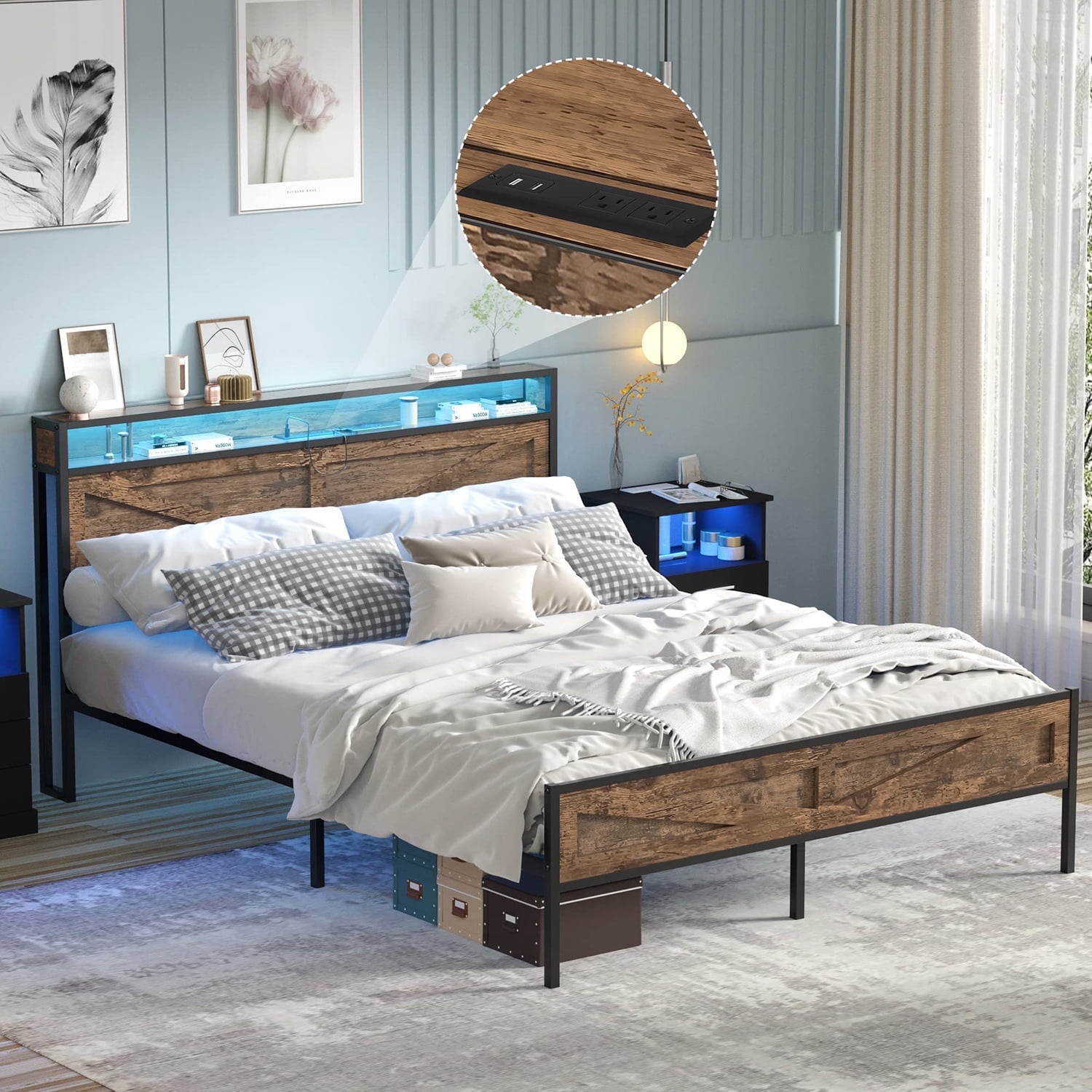 Veanerwood Full Bed Frame with Headboard, LED Lights, Power Strip, USB ...
