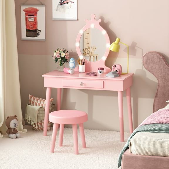 Kids Vanity, 2 in 1 Wooden Princess Makeup Table and Stool Set with Tri ...