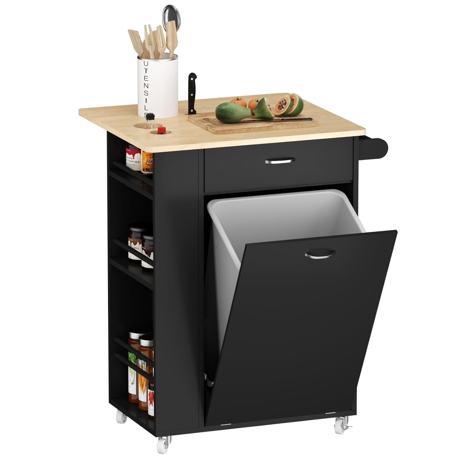 Veanerwood Kitchen Island with Drop Leaf - Trash Cabinet Tilt Out 10 ...