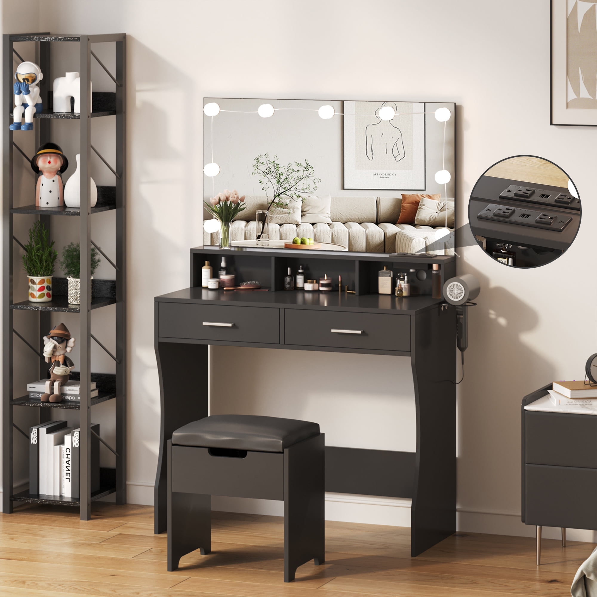 Veanerwood Large Makeup Vanity Table Set with LED Lighted Mirror ...