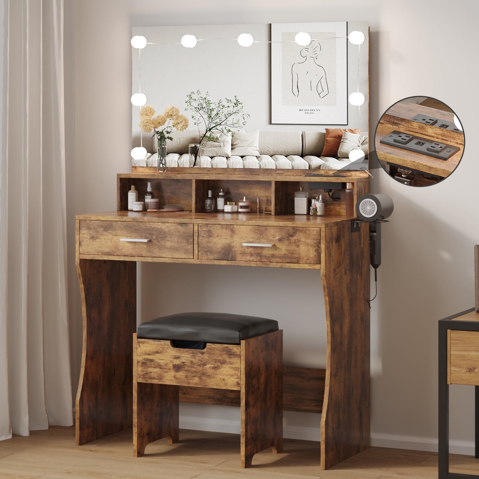 Veanerwood LED Large Bedroom Makeup Vanity Table Set with Lighted ...