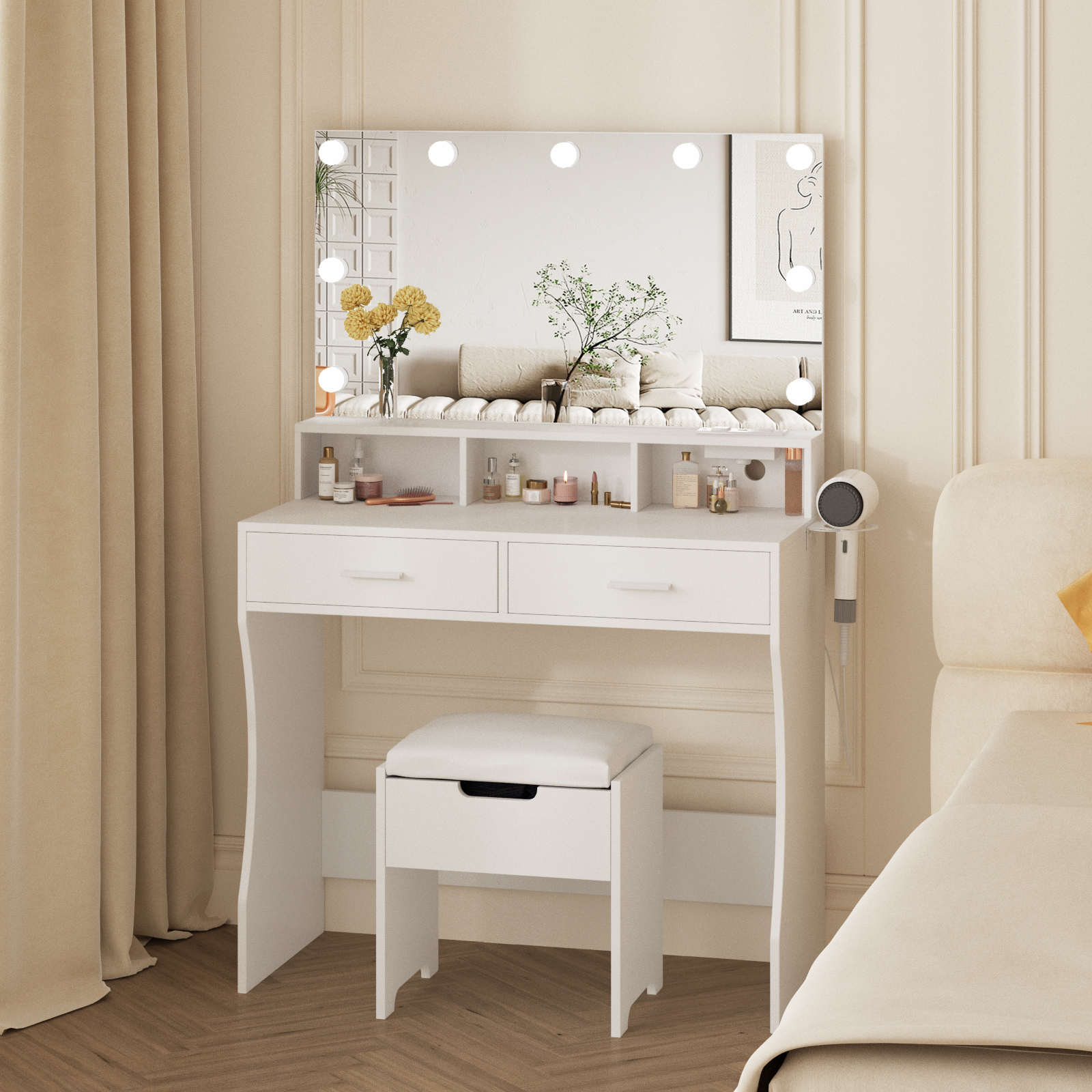 VEANERWOOD Makeup Vanity Desk with Lighted Mirror and Power Strip ...