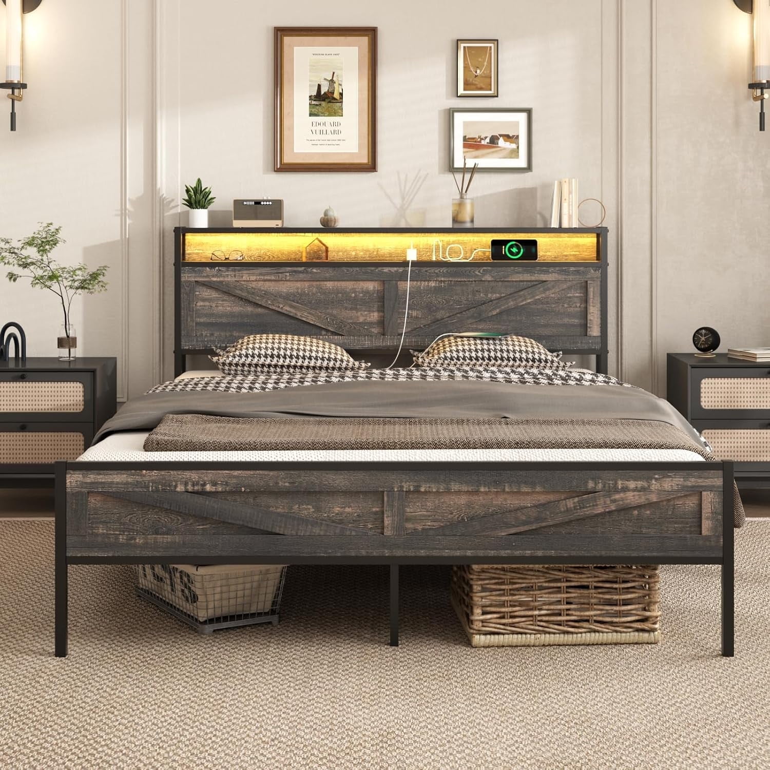 Veanerwood Queen Platform Bed Frame with Headboard, LED Lights and ...