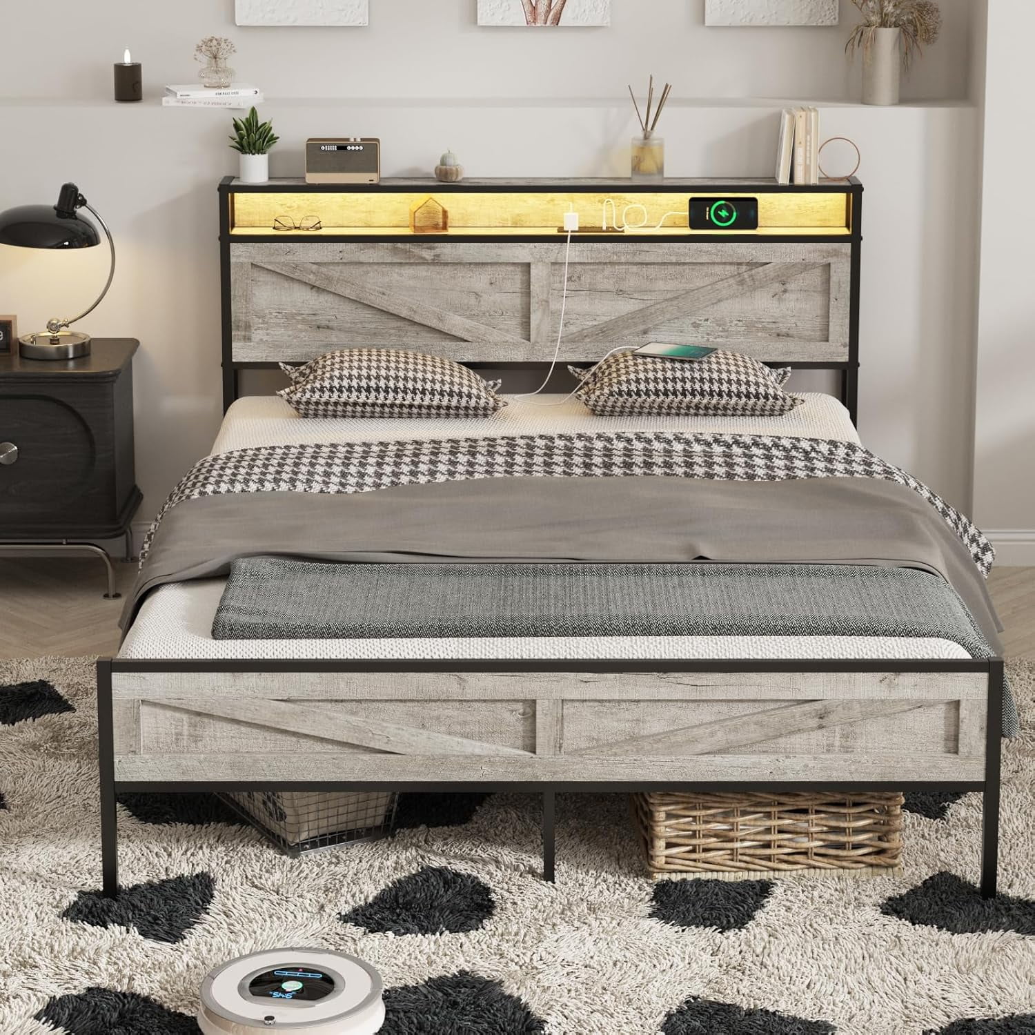 Veanerwood Queen Platform Bed Frame with Headboard, LED Lights and ...