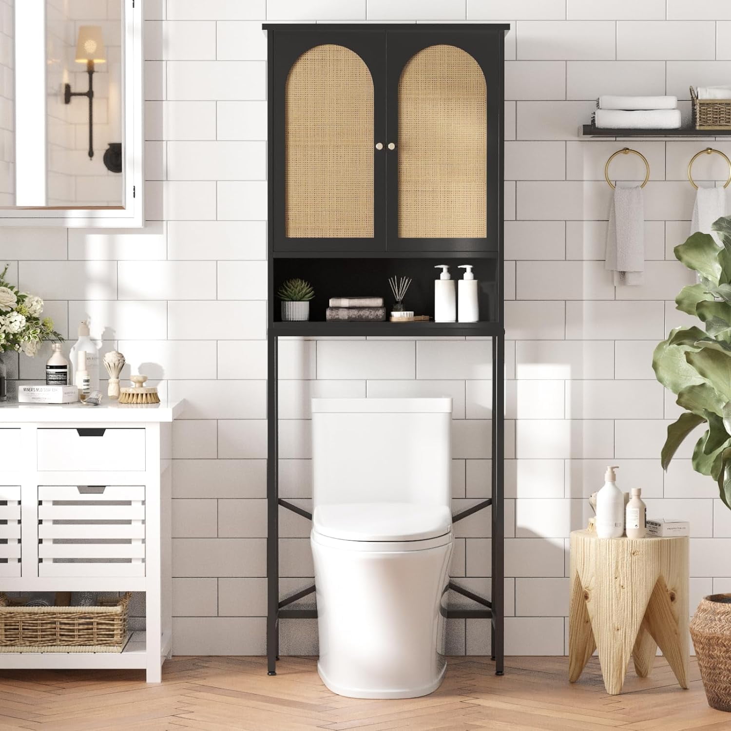 Veanerwood Rattan Over-The-Toilet Storage Cabinet, Adjustable Shelf ...