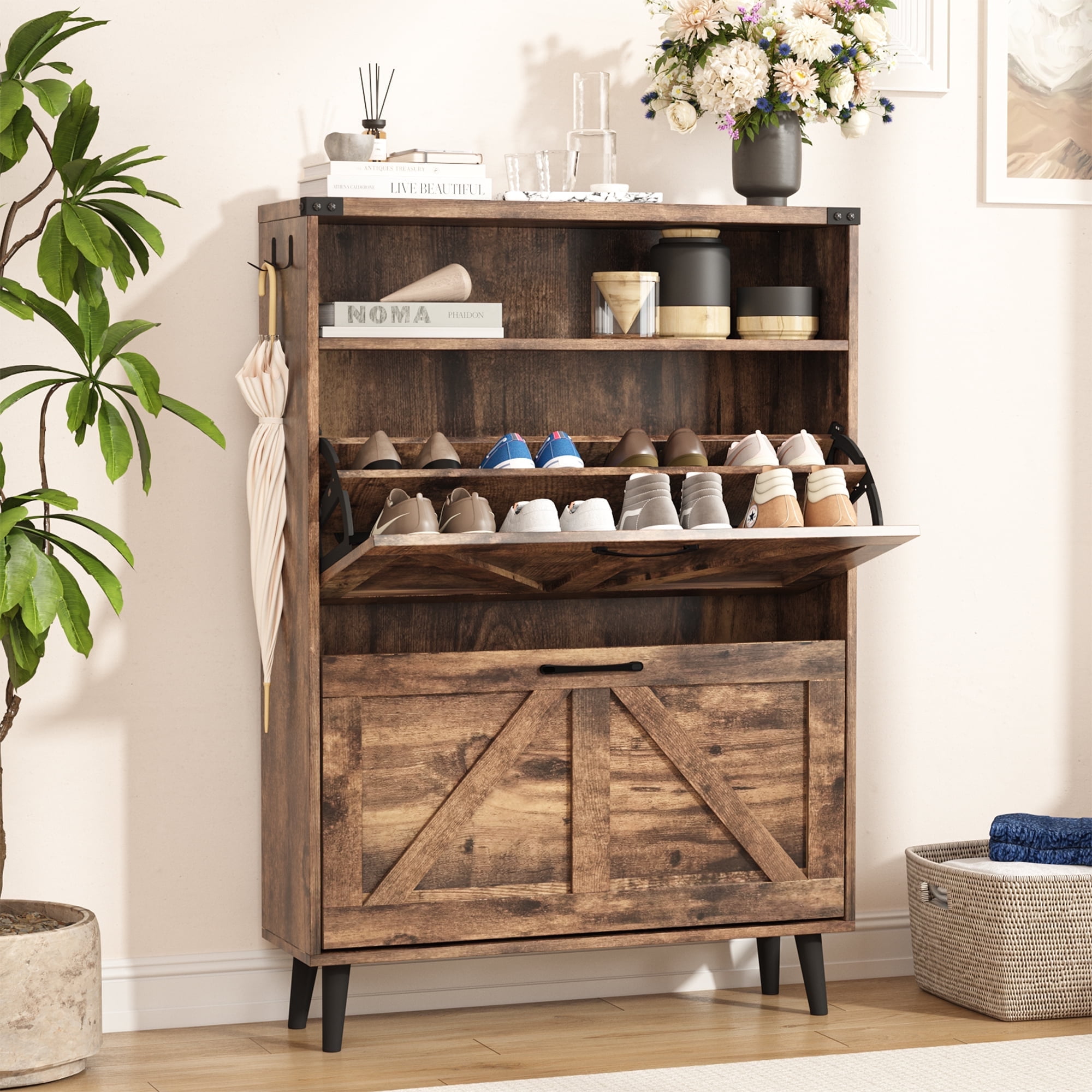Veanerwood Farmhouse Shoe Cabinet with 2 Flip Drawers for Entryway ...