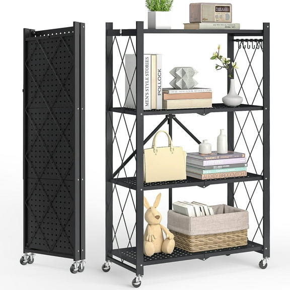 5/3-Tier Foldable Metal Storage Rack with Wheels, Portable Rolling ...