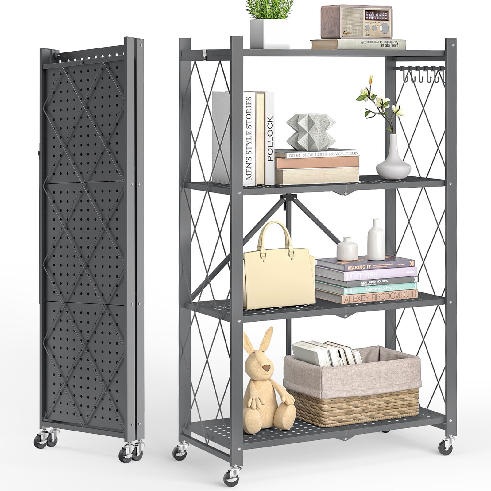 Vebreda 4-Tier Foldable Metal Storage Shelf with Wheels, No-Assembly ...