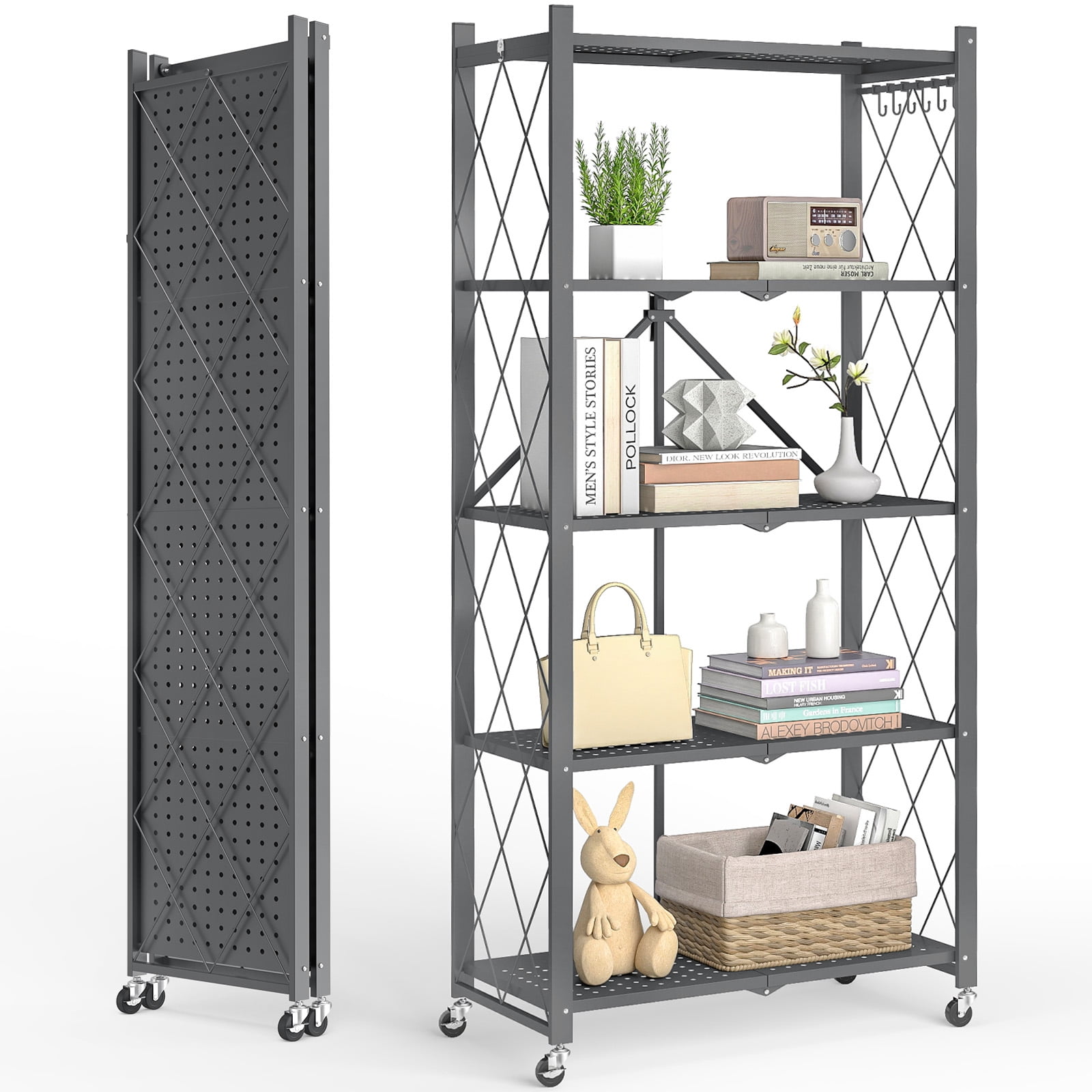 Vebreda 5-Tier Foldable Metal Storage Shelf with Wheels, No-Assembly ...