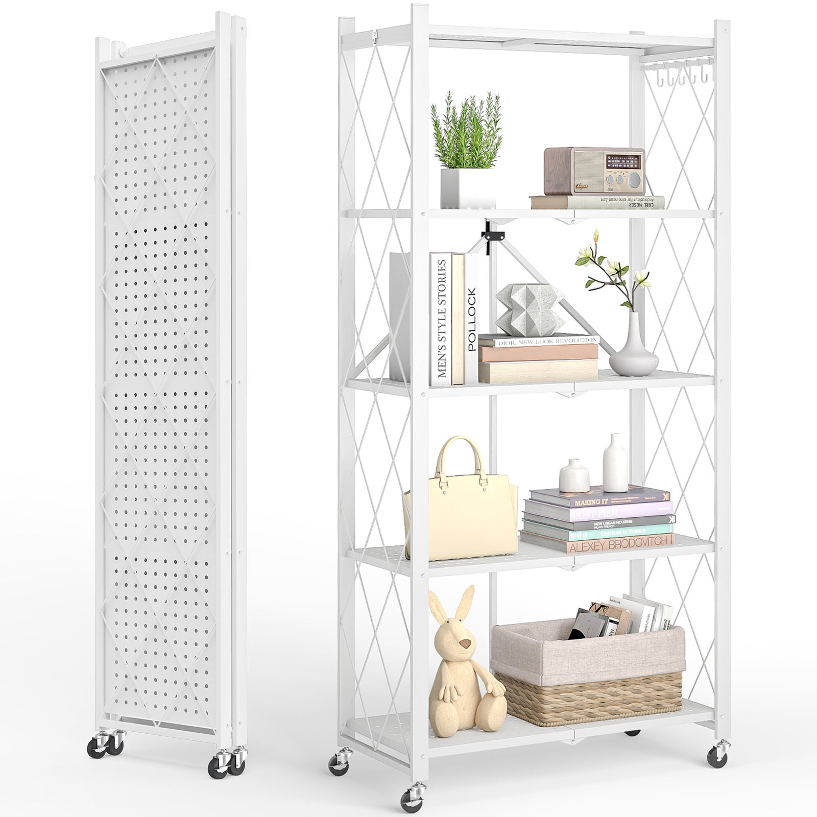 Vebreda 5-Tier Foldable Metal Storage Shelf with Wheels, No-Assembly ...