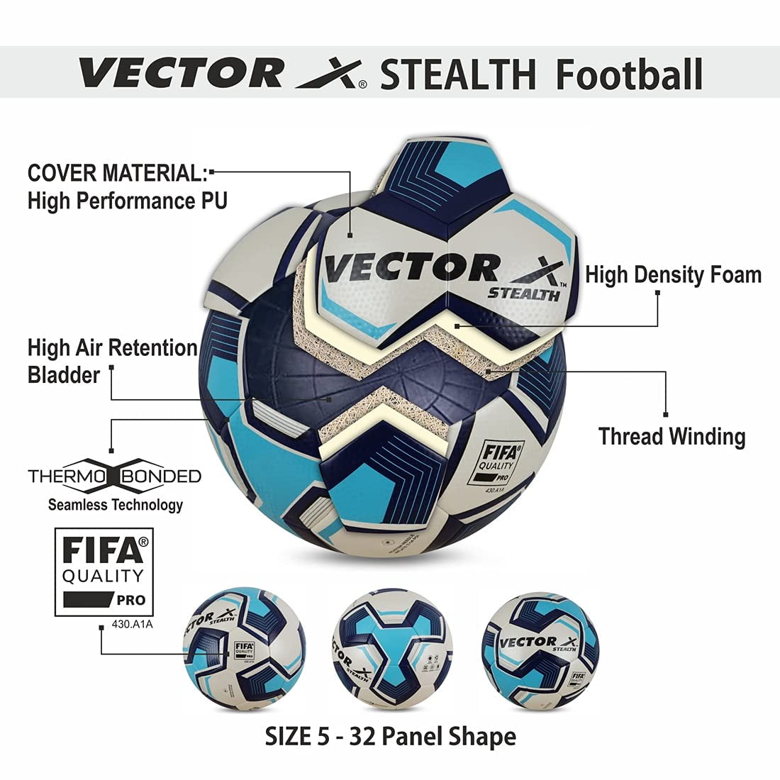 Vector X Stealth Thermobonded Football | Size 5, 32 Panel Shape ...