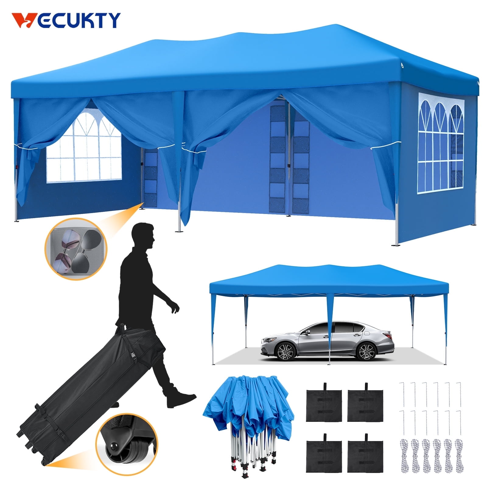 Vecukty 10 x 20 ft Blue Pop up Outdoor Canopies, Removable Sidewalls ...