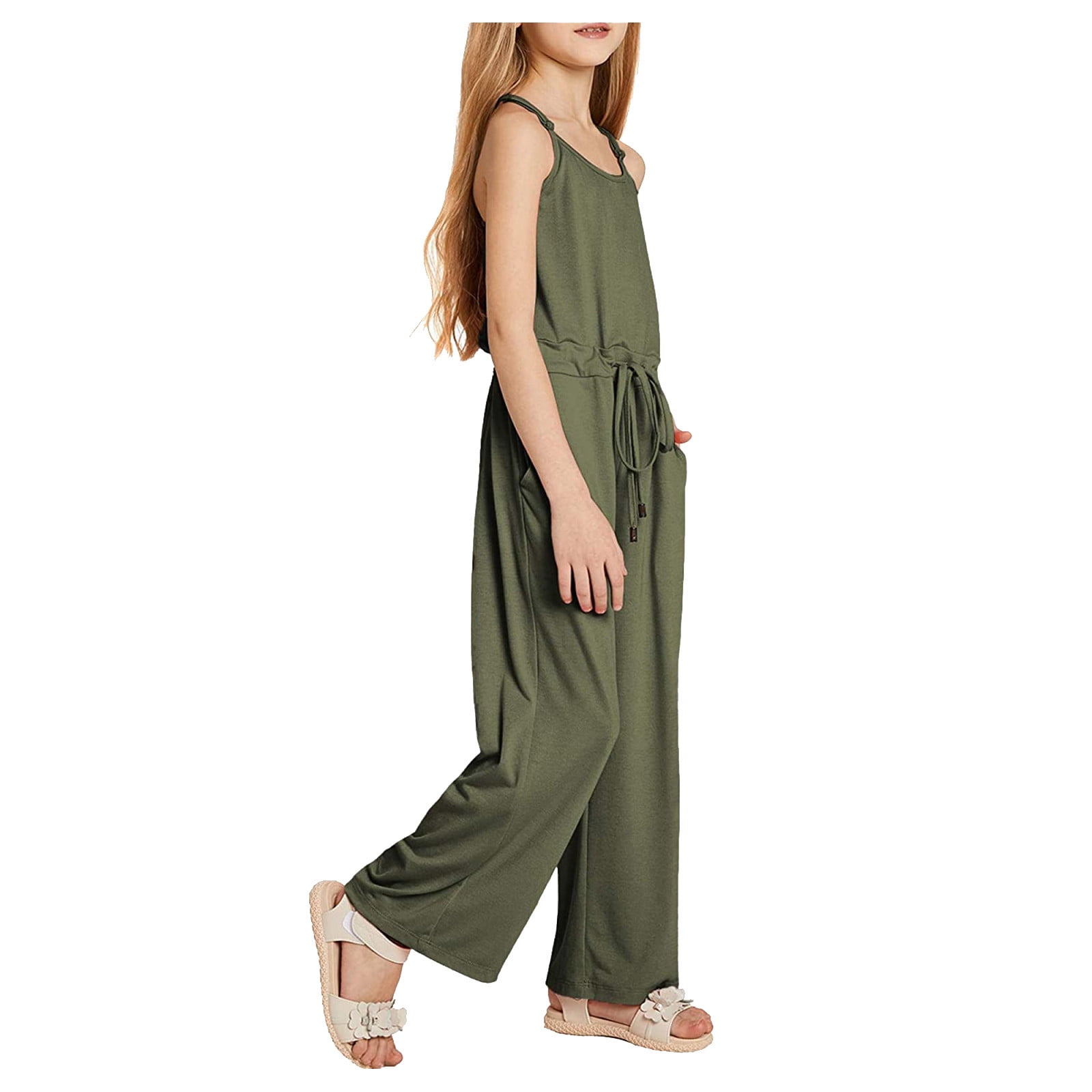 Vedolay Girls Crew Neck Sleeveless Solid Color Jumpsuit with Belt,Green ...