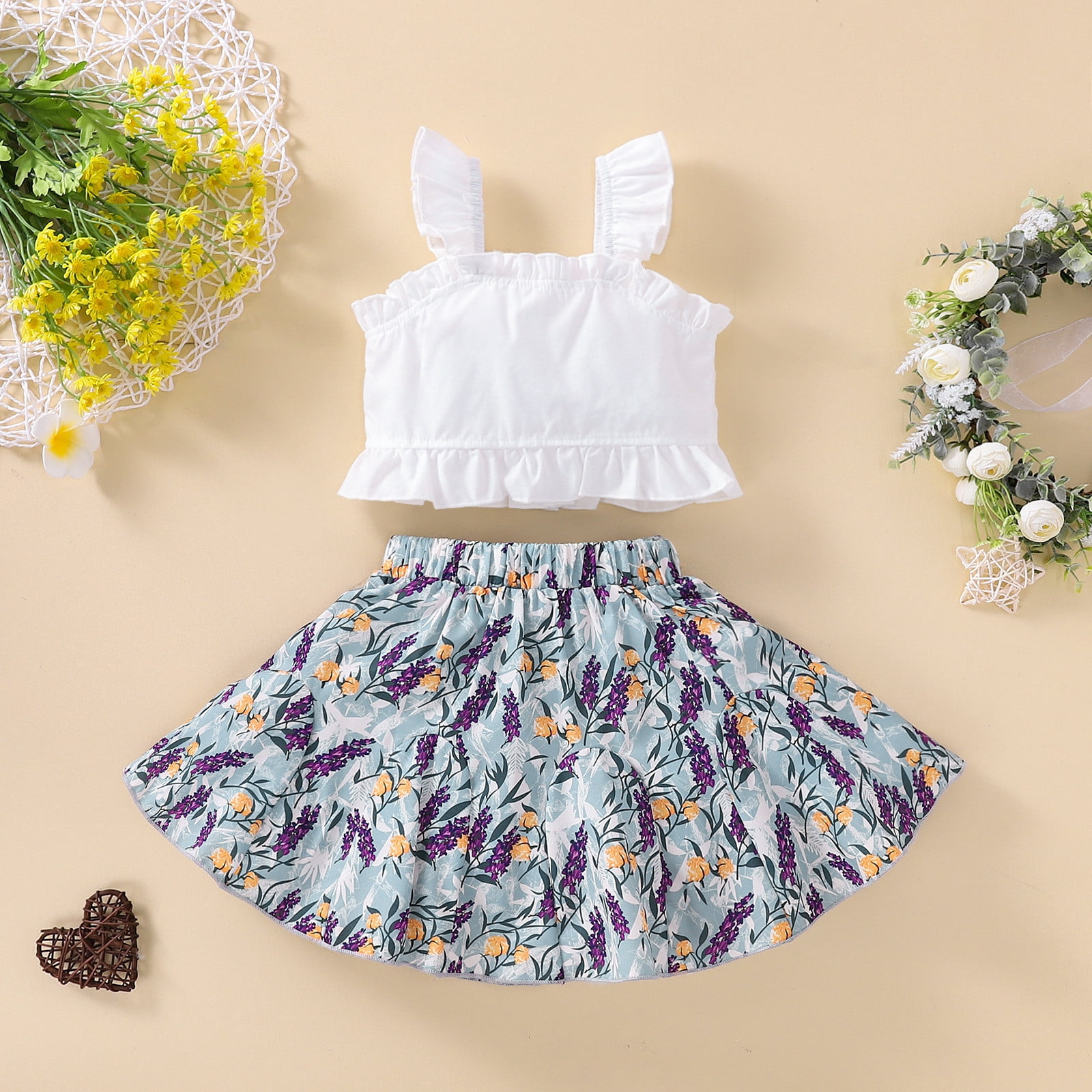 Vedolay Midi Skirts Set Girl's 2 Piece Outfits Ditsy Floral Spaghetti ...