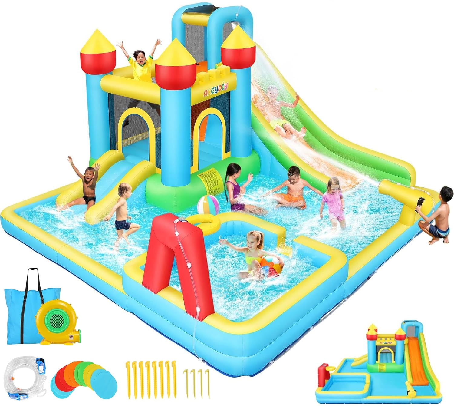 Veeboto 6-in-1 Inflatable Bouncy Castle, Double Slides, Climbing Wall ...