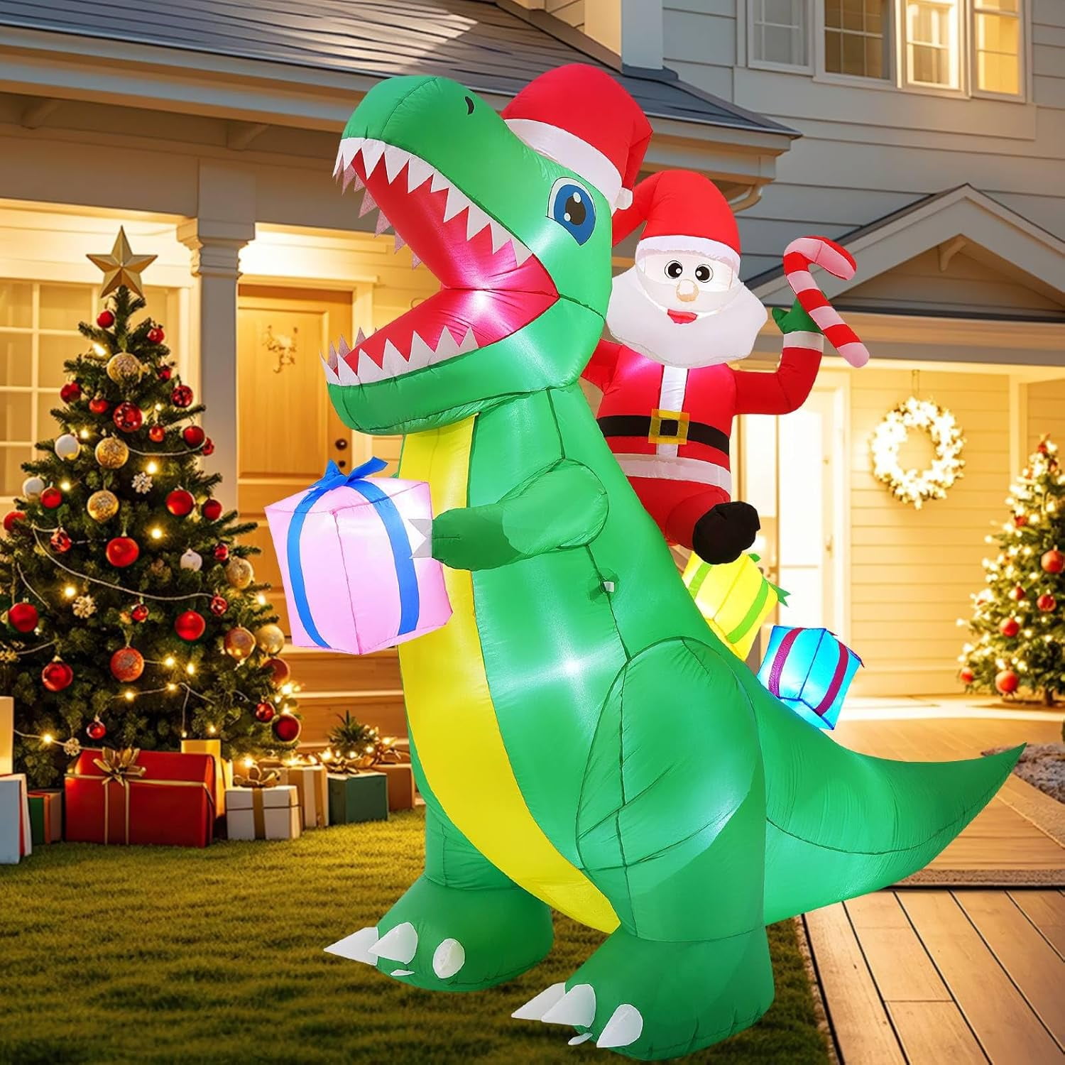 Veeboto 7FT Christmas Dinosaur Inflatables, Inflatable Santa Claus ...